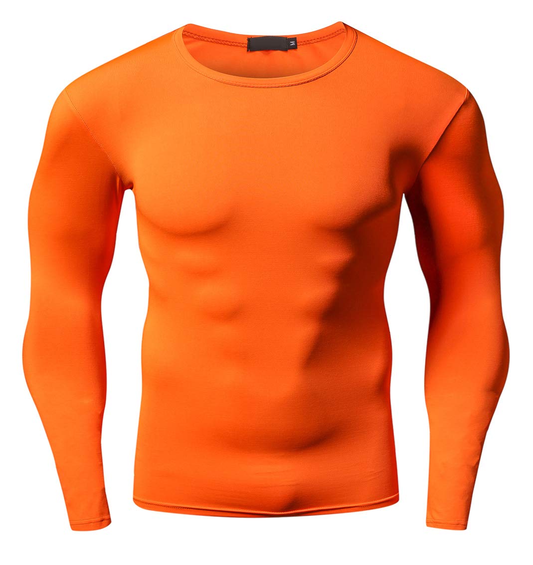 Red Plume Men's Cool Dry Fit Long Sleeve Compression Shirts, Active Sports Athletic Workout Shirt, Sports Base Layer T-Shirt (ORANGE, Medium)