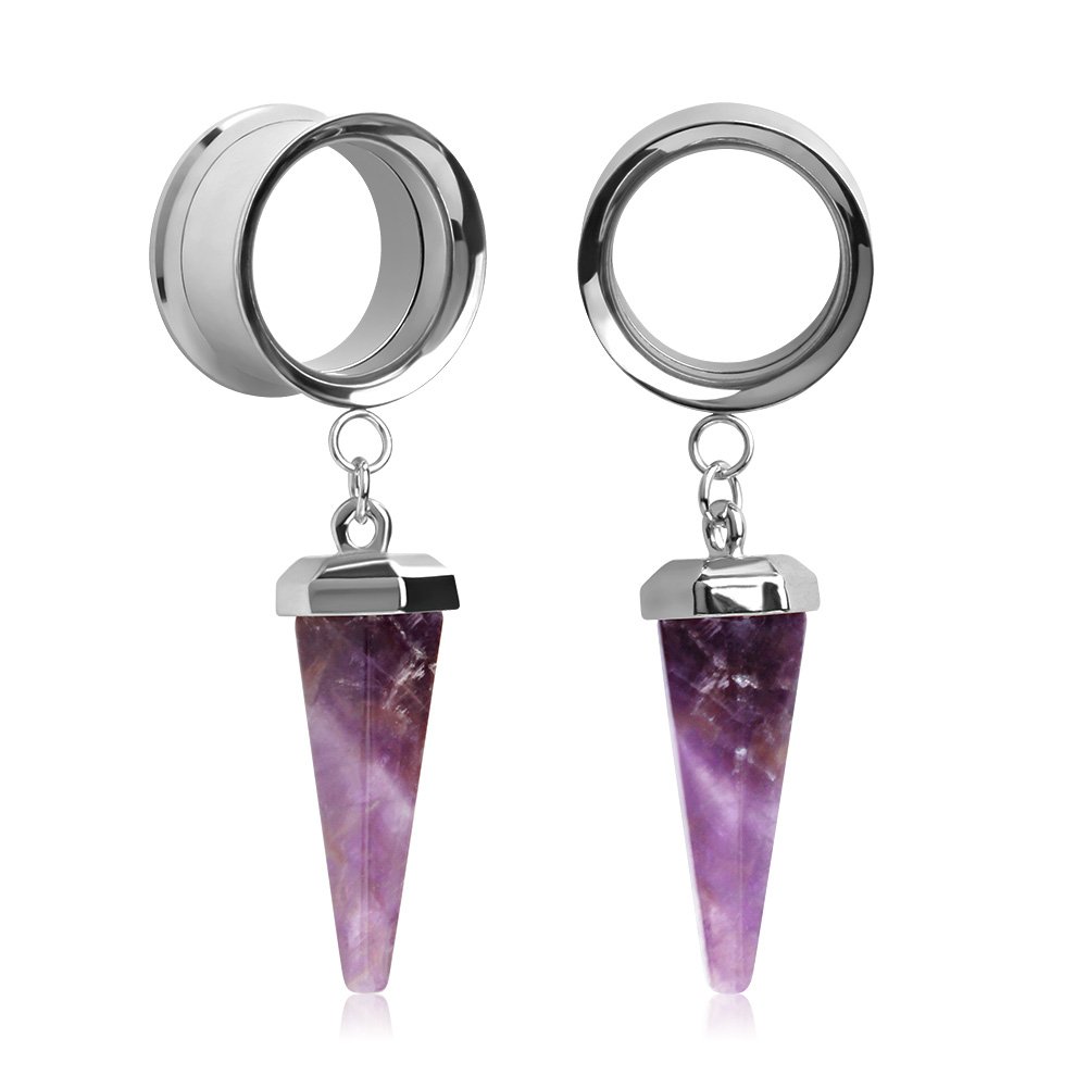 KUBOOZ(1 Pair Amethyst-stone Pendant Stainless Steel Ear Plugs Tunnels Gauges Stretcher Piercings 0g