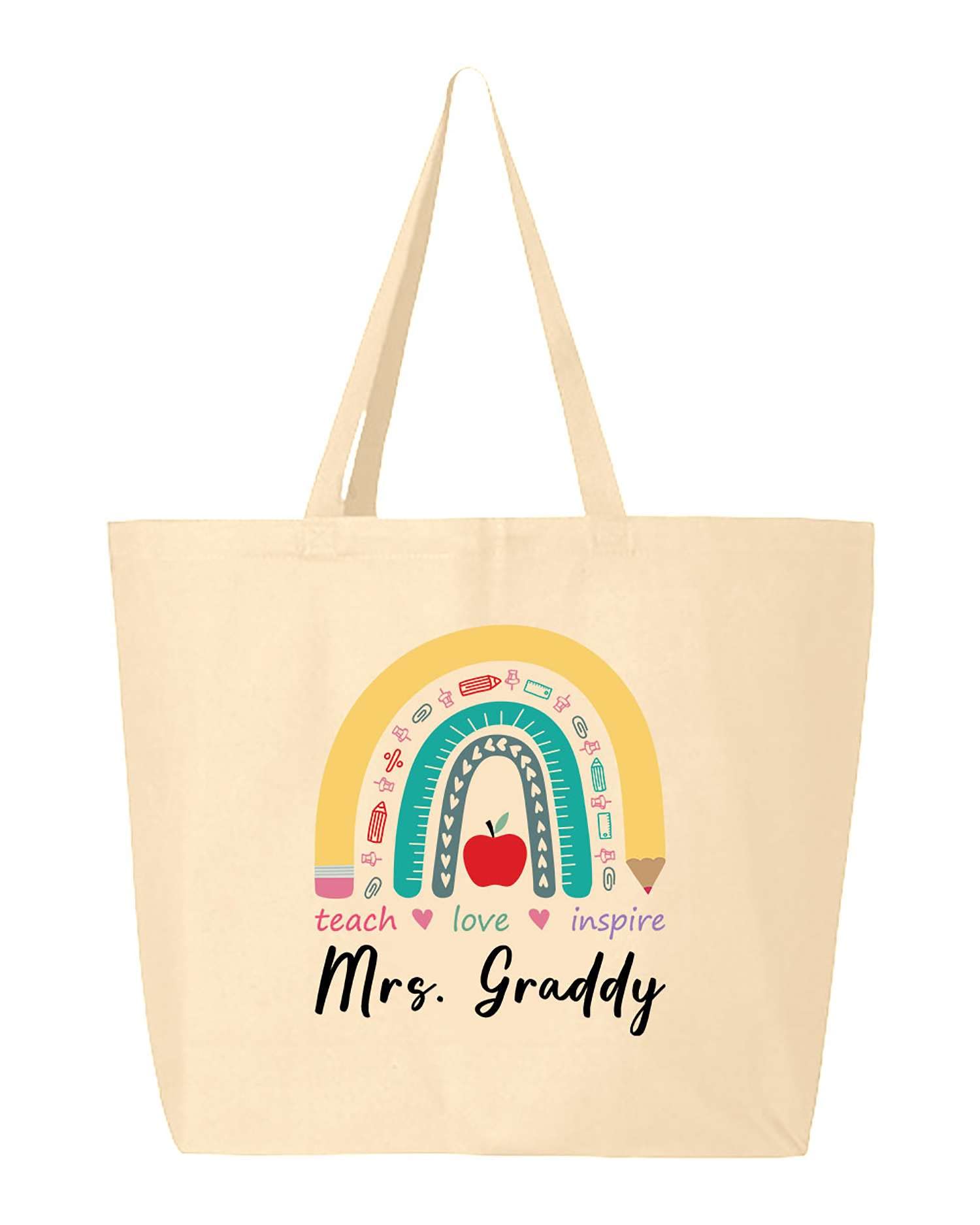 shop4ever Custom Personalized Teacher Teach Love Inspire Rainbow Jumbo Heavy Canvas Tote Reusable Shopping Bag 10 oz Natural 1 Pack