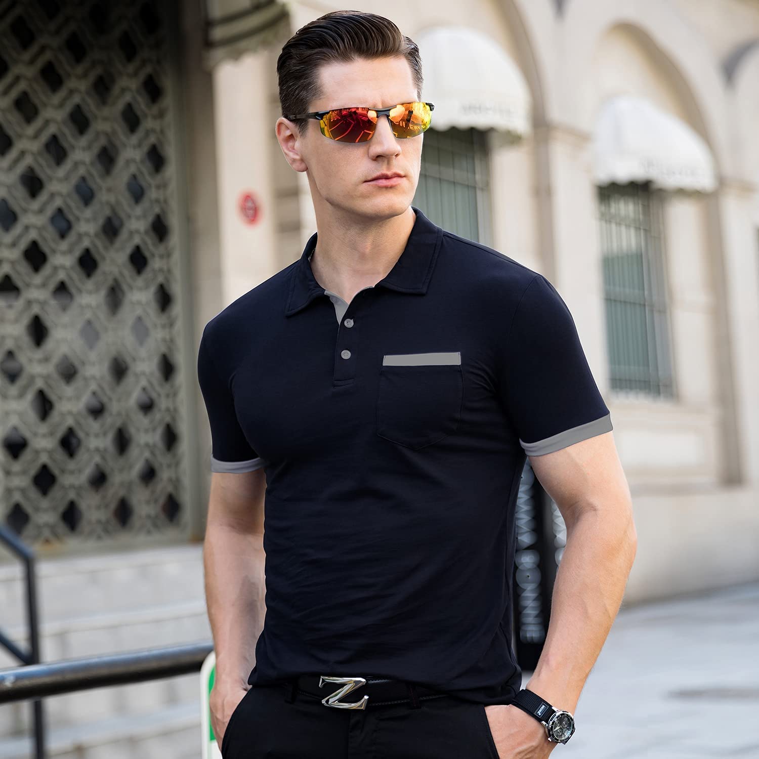 kuboyee Mens Casual Slim Fit Polo Shirts Short Sleeve Contrast Color Stitching Stripe Summer Cotton T-Shirts