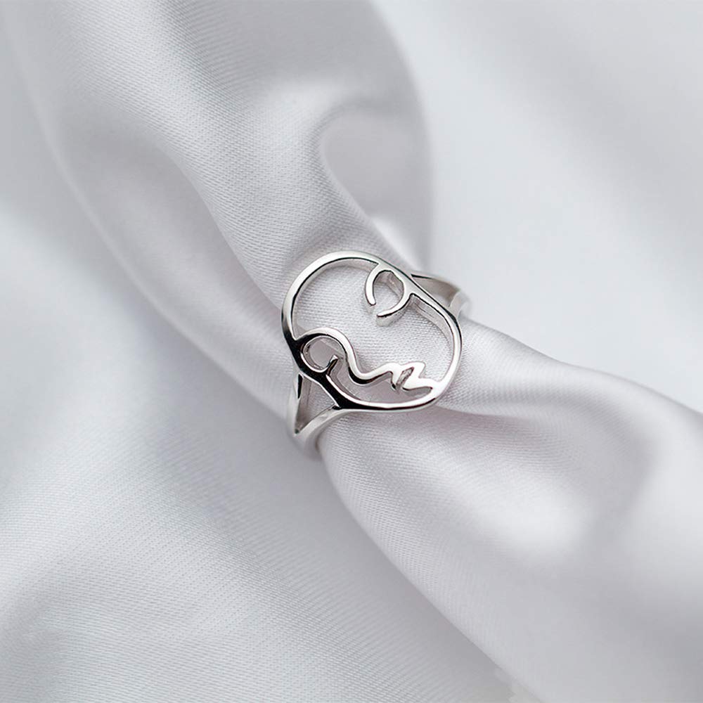 Lovely Human Face Sterling Silver Open Stacking Rings for Women Girls Adjustable Finger Thumb Band Statement Etermity Promise Engagement Ring Birthday Gifts