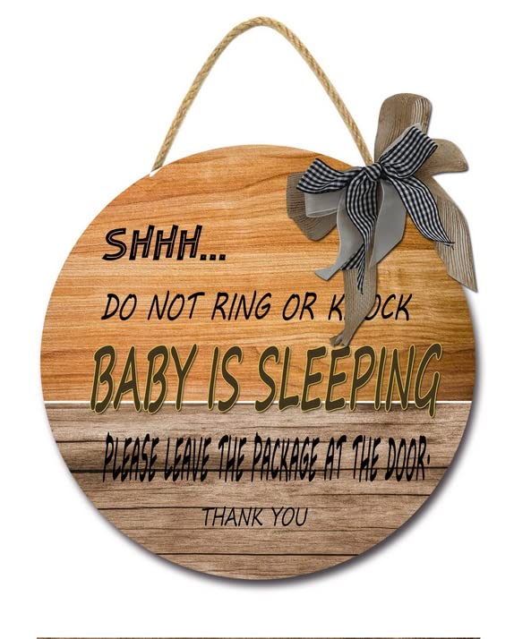 Weytff Baby Sleeping Sign For Front Door Funny Baby Sleeping Hanging Sign Plaque, Do Not Knock Or Ring The Bell, Round Wooden Door Hanger For Baby Room, Nursery, Front Door, Door Knob Decor 12"