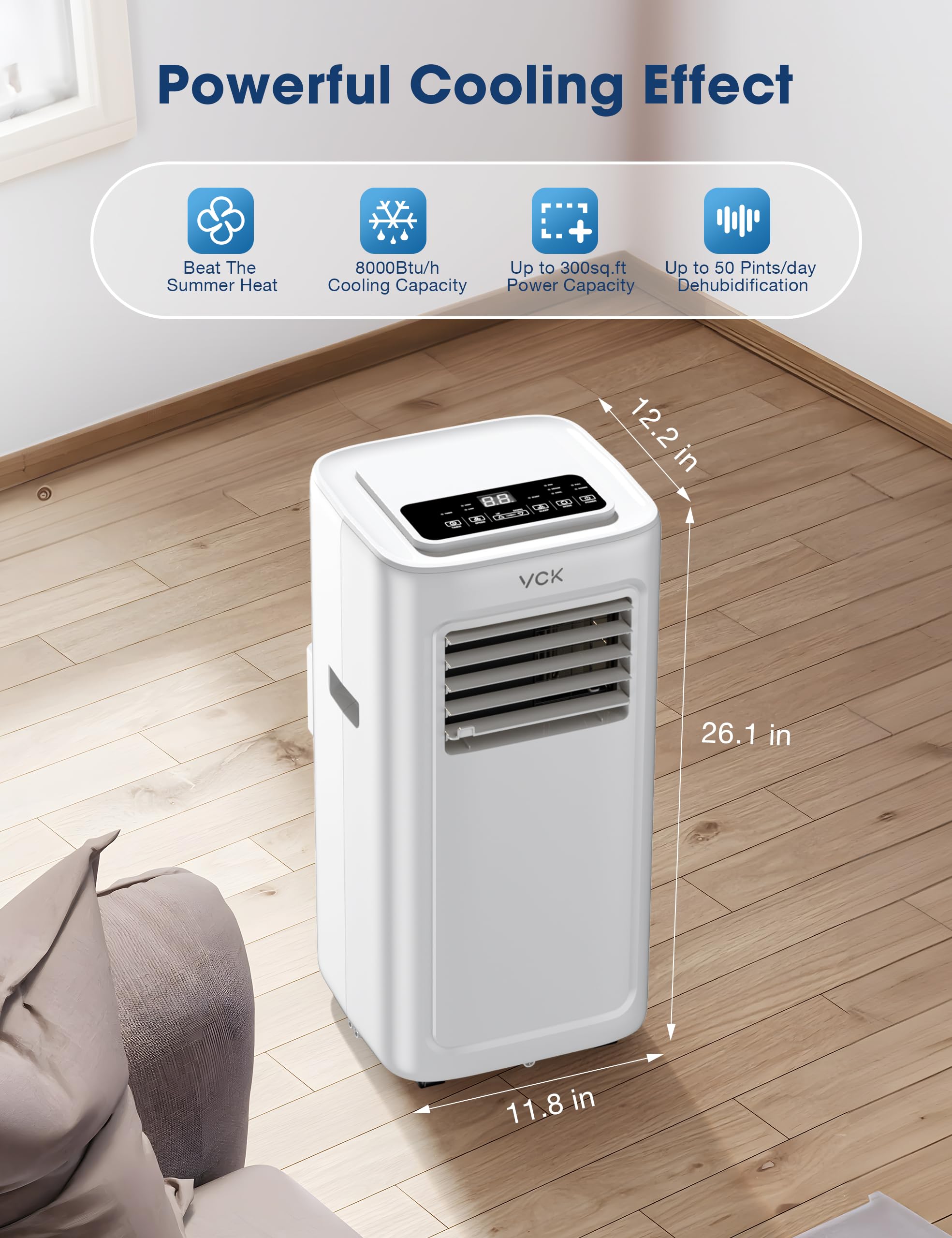 VCK Portable Air Conditioners,8000 BTU 4-in-1 AC Unit with Fan & Dehumidifier,Powerful Cools up to 350 sq.ft.with Side Handles& Casters,LED Display,48dB Quiet,Remote Control,Dehumidify,24H Timer