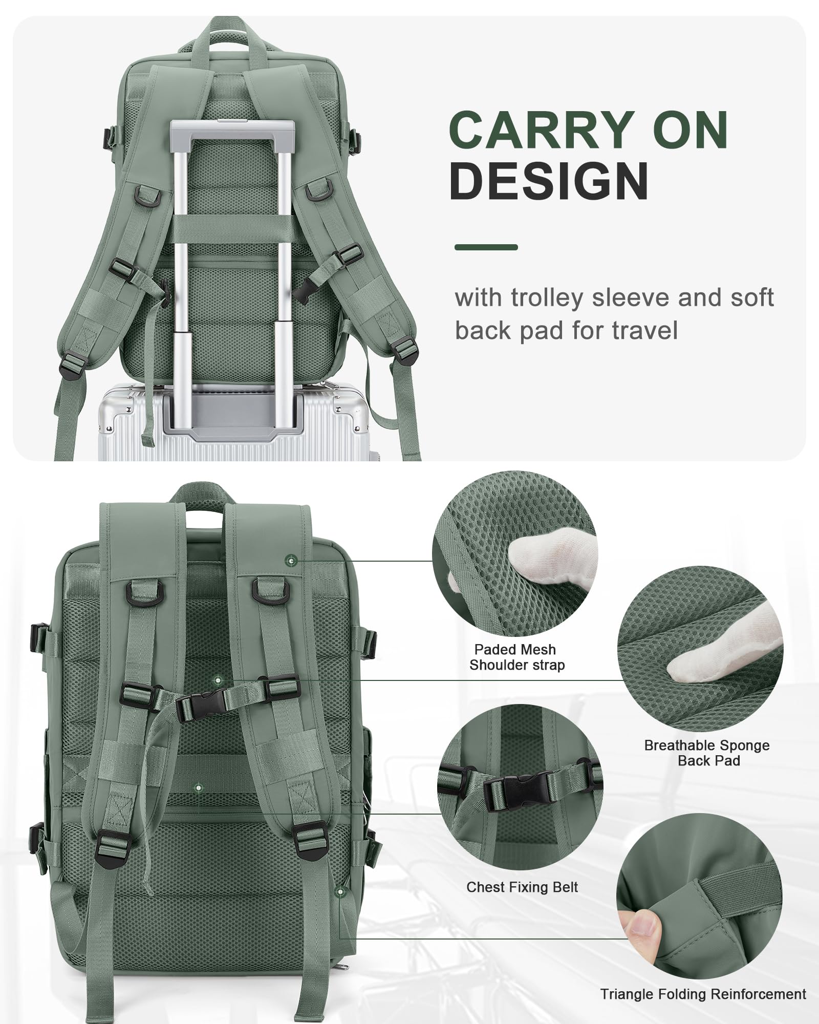 Large Travel Backpack for Women Carry On Airline Flight Approved Expandable Work Personal Item size Backpack Bag with Laptop compartment for College Men Waterproof Hiking Mochila de Viaje Black