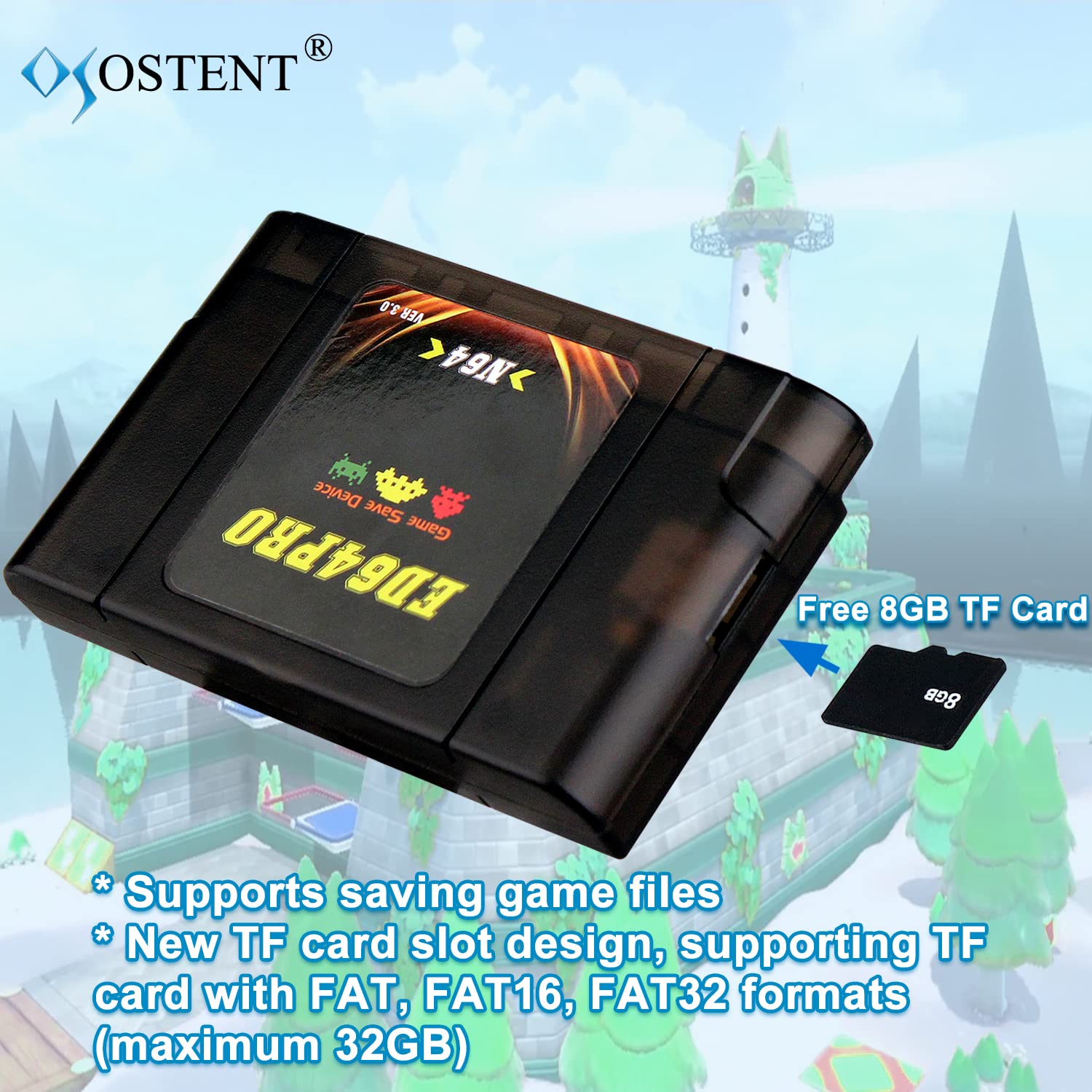 OSTENT ED64 Pro Game Save Device Cartridge 8GB TF Card Adapter for Nintendo 64 N64 Console