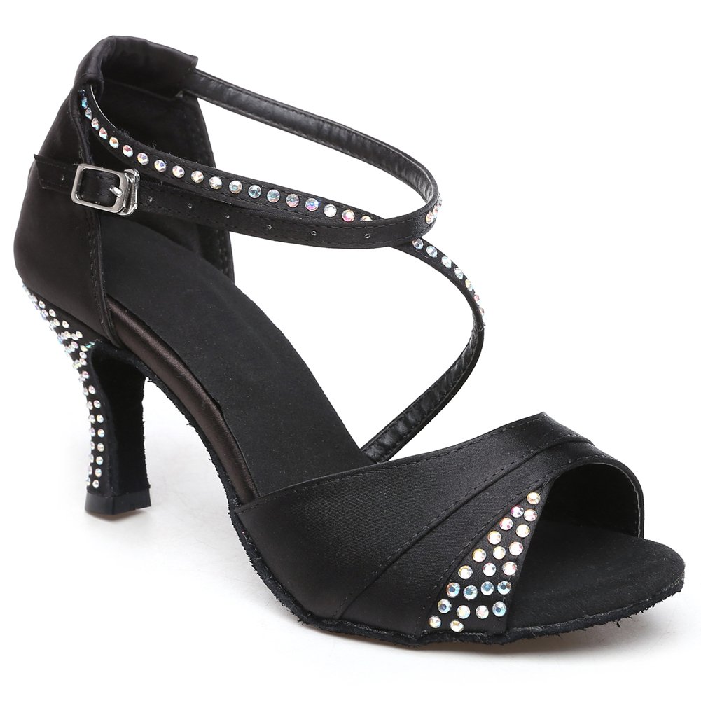 Pierides Women's Peep Toe Sandals Latin Salsa Tango Practice Ballroom Dance Shoes with 2.75" Heel,Satin,11 B(M) US Black