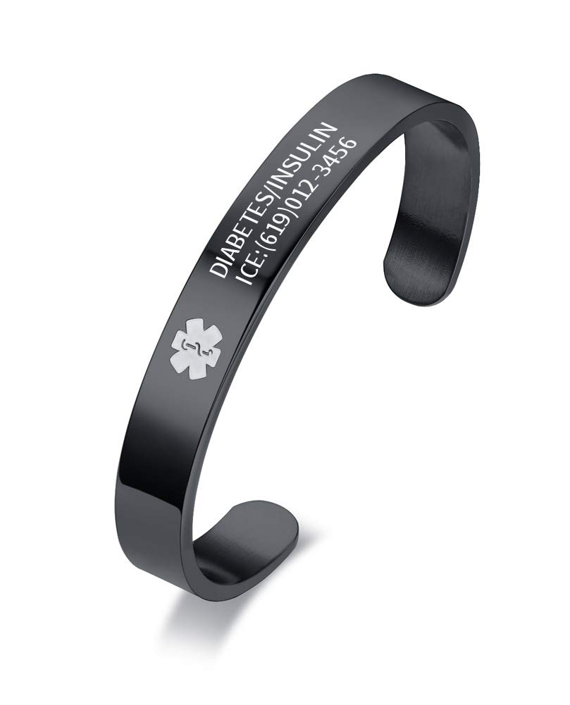 MEALGUET Stainless Steel Cuff Medical Alert ID Bracelet Open Metal Custom Medic Identification Cuffs Bangle for Men Women,7.7-8 Inches,Black Ion Plated