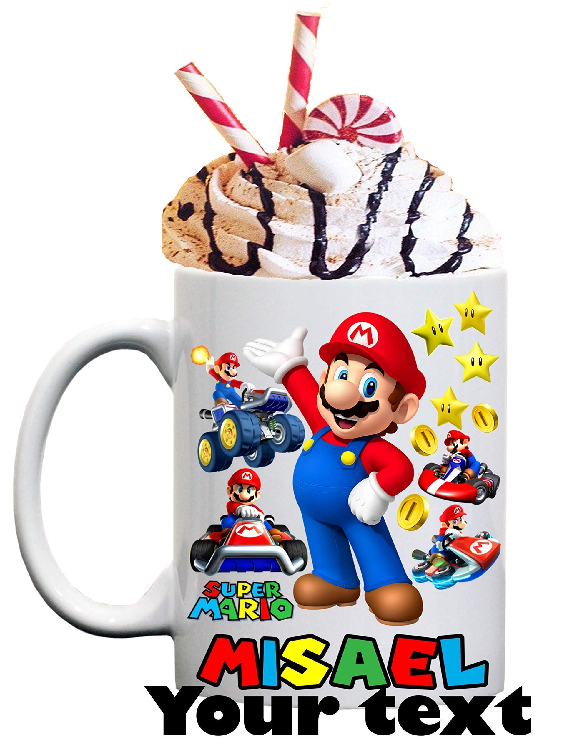 Personalize your Mario Bros chocolate or coffee ceramic mug, Mario gift mugs, gamer mug, put your name or text for front and back, use with left or right hand.Tazas personalizadas.