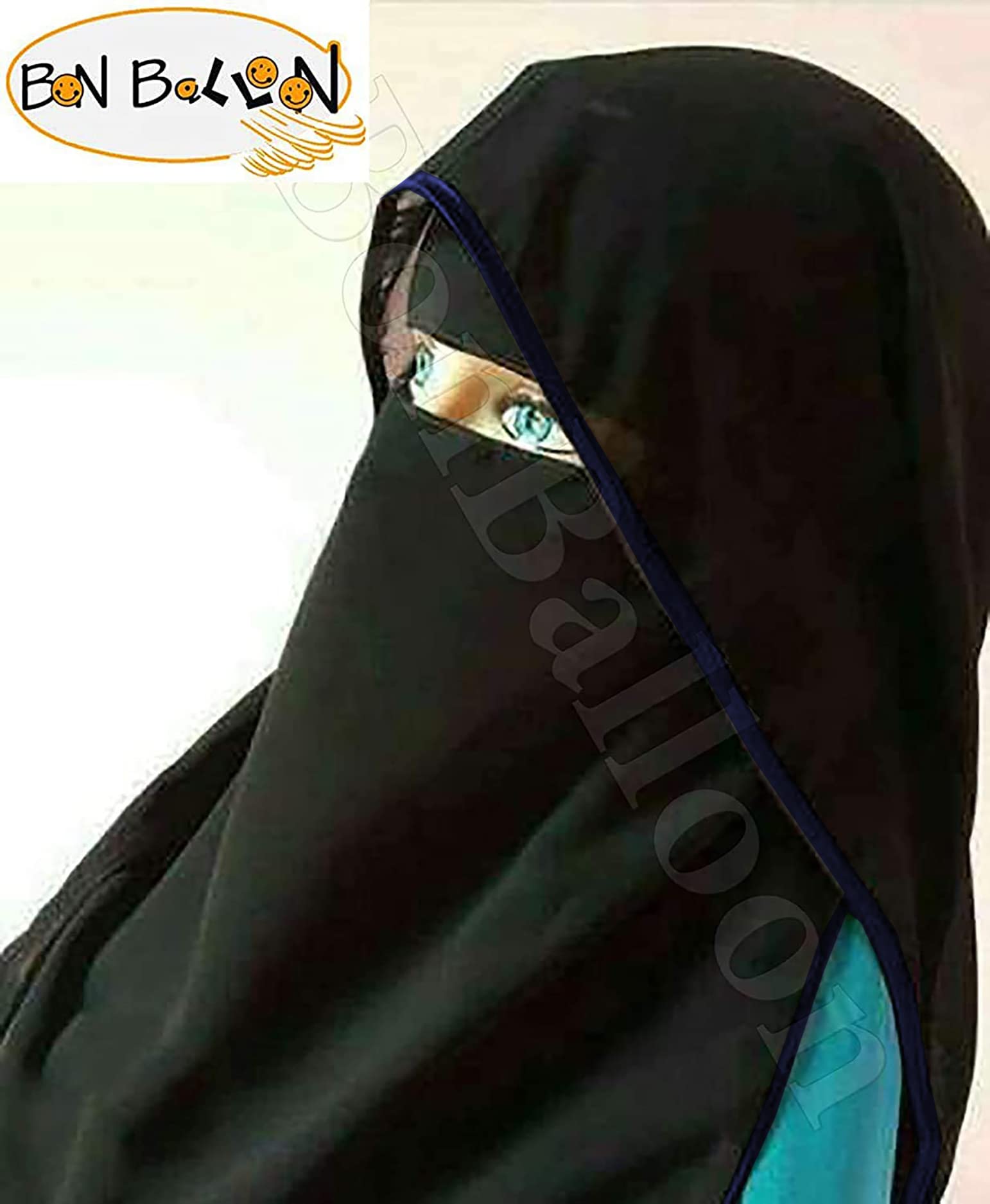 Saudi Chiffon First Class Quality Long Saudi Niqab Burqa Hijab Face Cover Veil Islam Islamic Jilbab (Black x Dark Blue Satin)