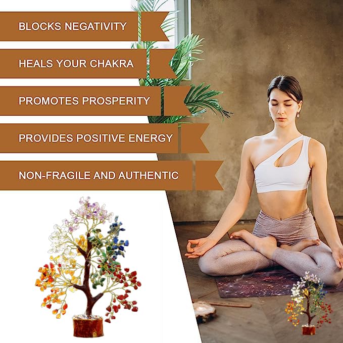 Kuhvai Seven Chakra Tree of Life, Crystal Tree for Positive Energy, 7 Chakra Tree, Feng Shui Tree, Stone Decor Natural Artificial Tree, 7 Chakra Tree of Life Healing Gemstones Pendant