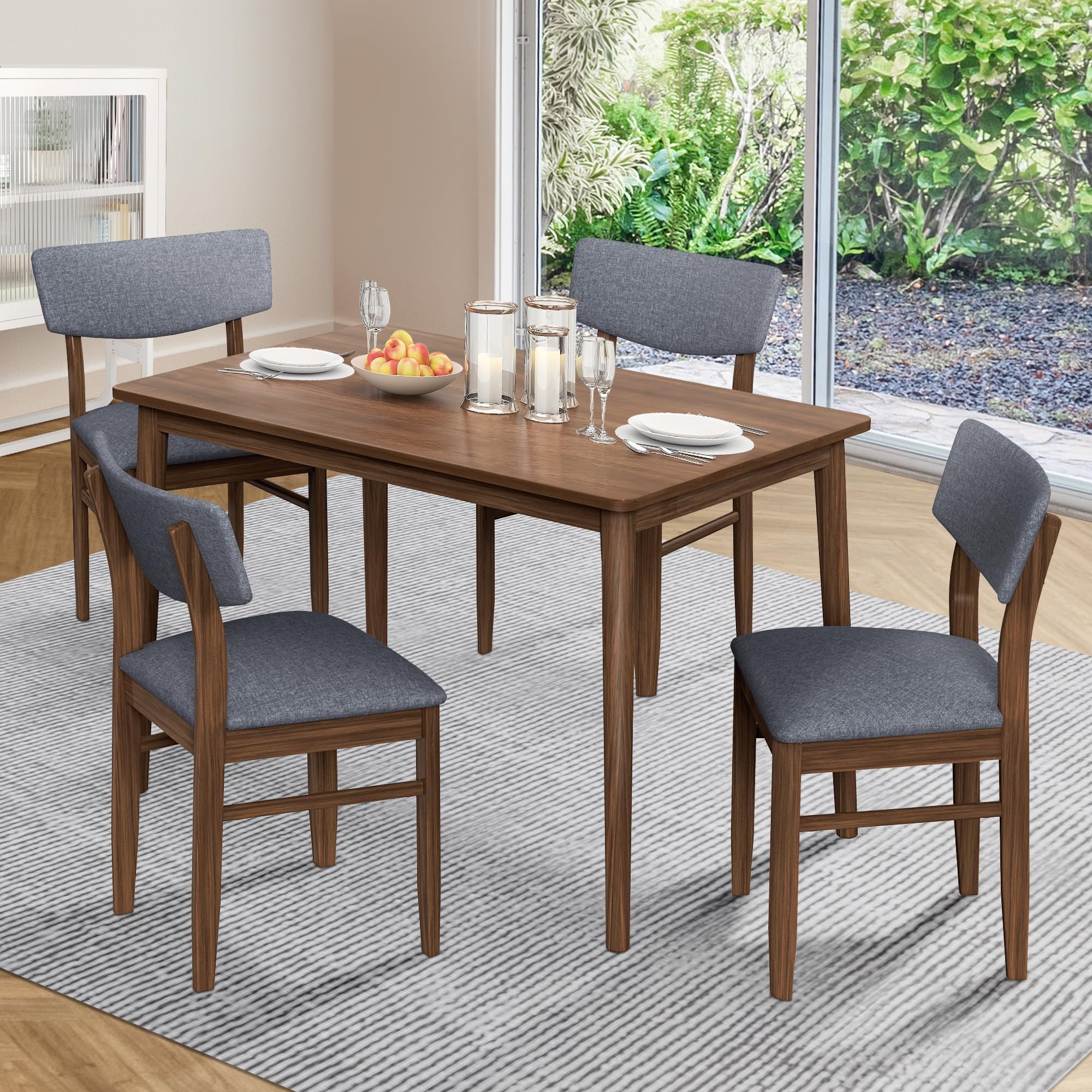 Lepfun 5 Pieces Modern Set with 1 Rectangular Chairs Fabric Cushion for 4,All Rubber Wood Table for Dining Room,Kitchen and Small Space,Walnut and Grey