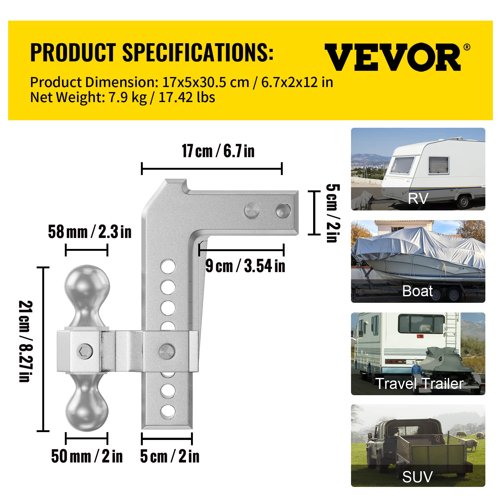 VEVOR Adjustable Trailer Hitch, Fits 2" Receiver, 8" Drop Ball Mount Hitch w/ Forged Aluminum Shank & Two Iron Balls, 12500 LBS Towing Capacity for Most Common Needs, Dual Locking Pins Included