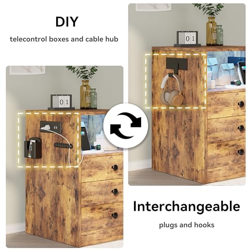 LIKIMIO Nightstand with Charging Station and 3 Drawers, LED Lights End Side Table with interchangeable sockets and Hooks, Vintage Brown