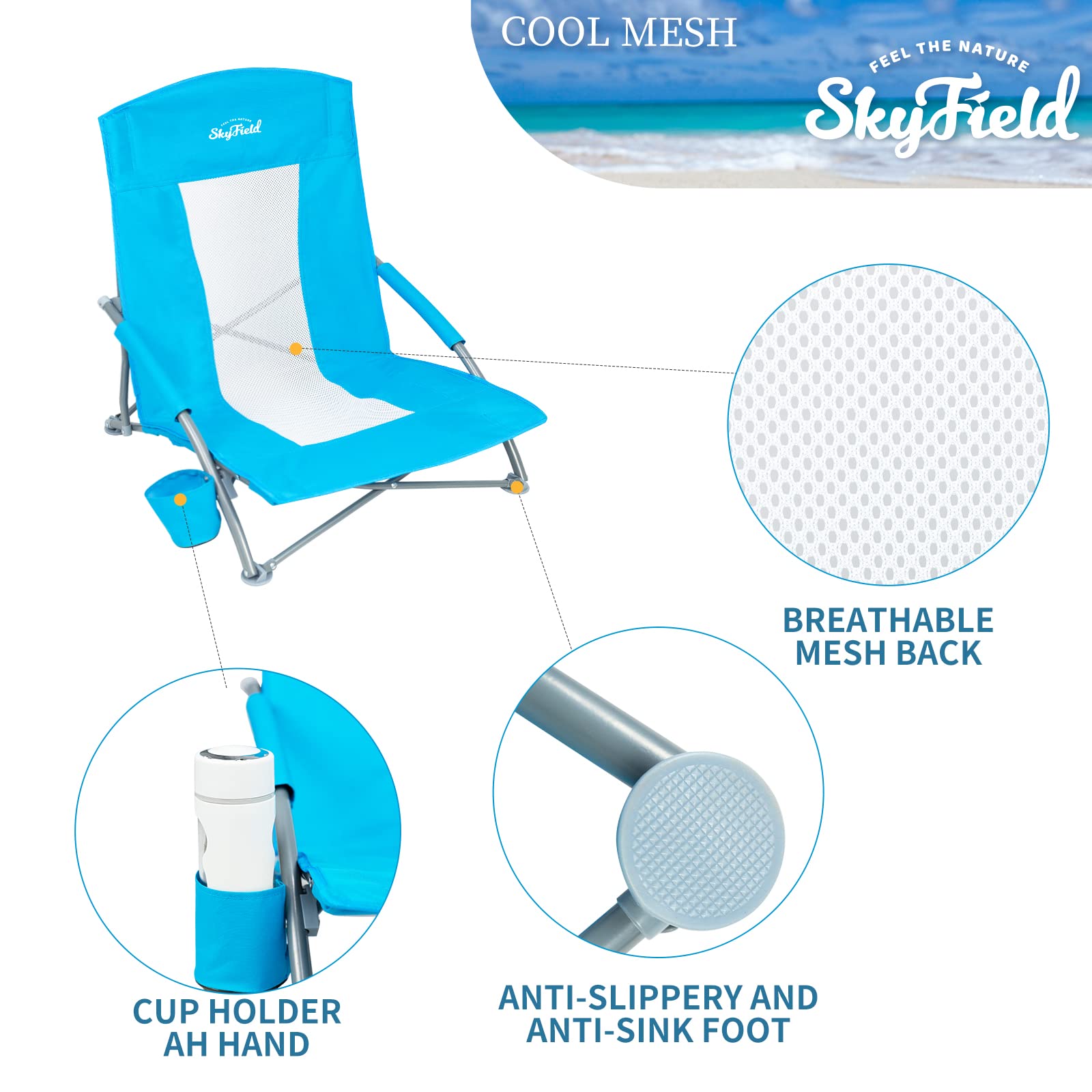 SKYFIELD 2 Pack Low Beach Chairs for Adults Ultralight Folding Chair Heavy Duty Beach Chair with Cupholder and Carry Bag