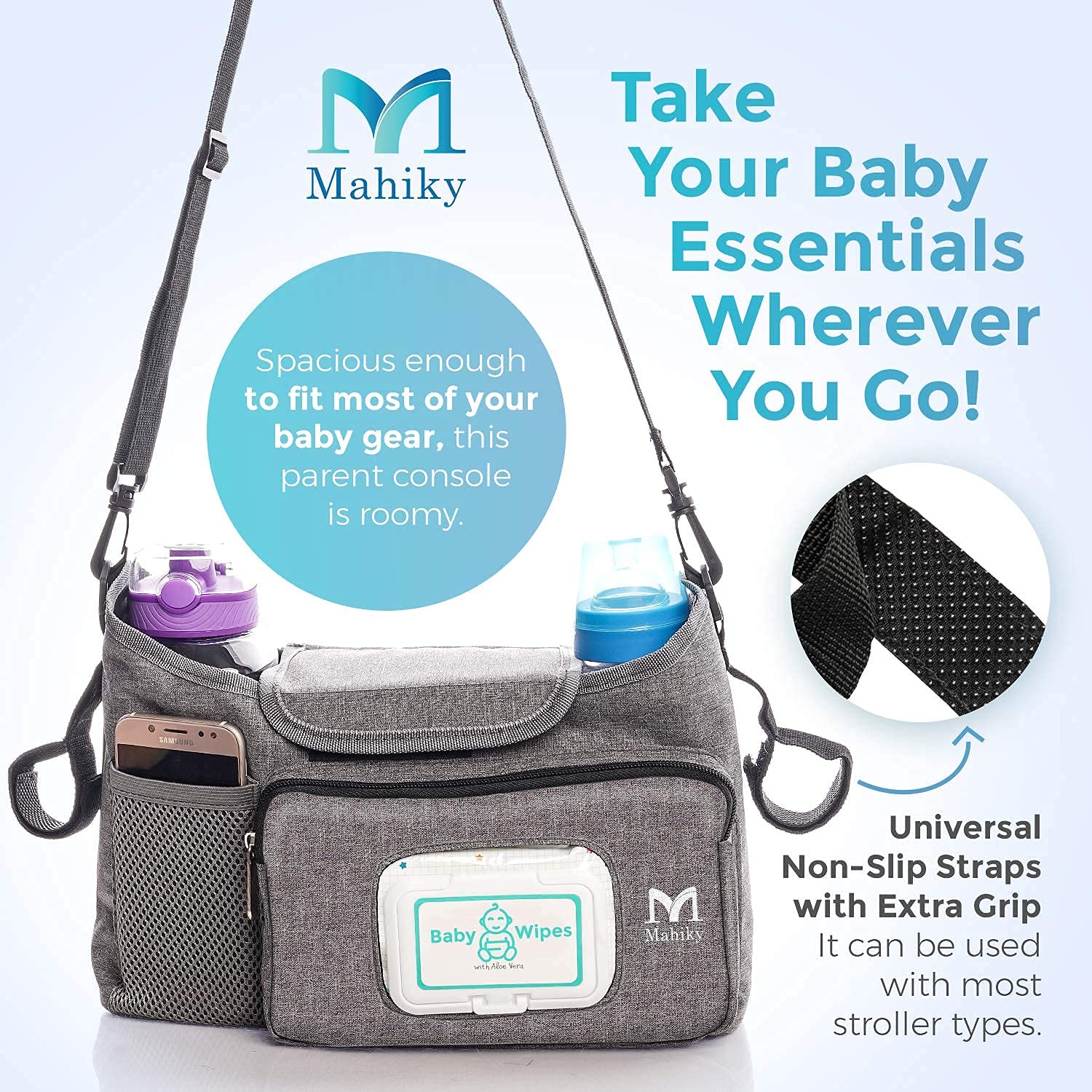 Mahiky Universal Baby Stroller Organizer Stroller Accessories Bag Stroller Storage Bag with Cup Holders Stroller Organizer Parent Console Stroller Storage Pouch with Easy Access Wipes Pocket
