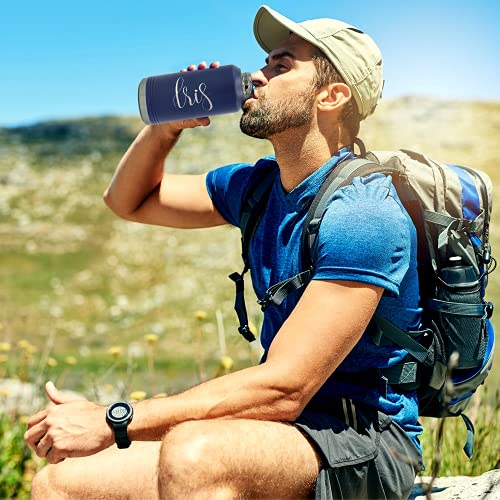 Personalized Bottle 20 oz with Straw Navy Blue Custom Laser Engraved Stainless Steel Vacuum Insulated Sport Bottle with Name