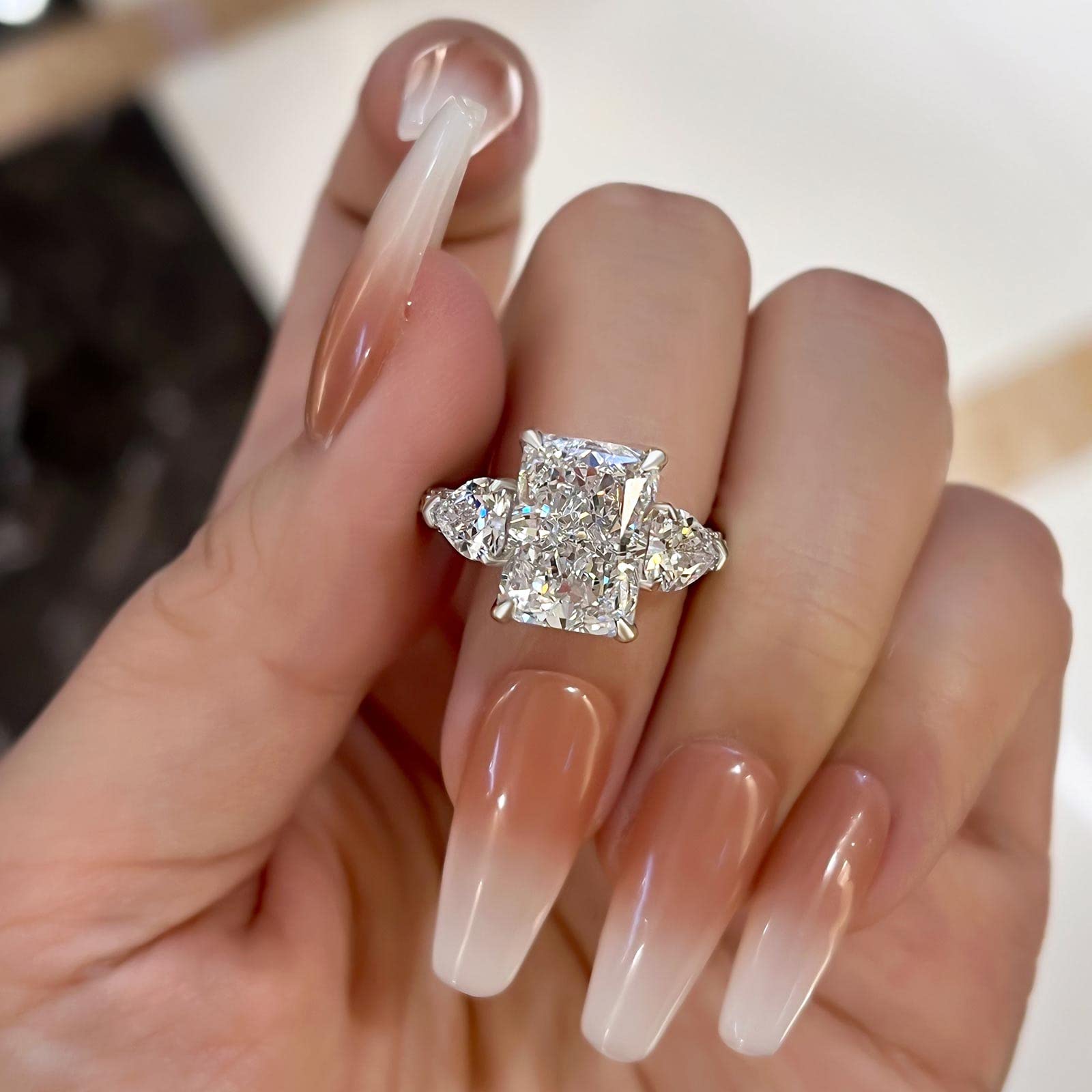 RODIFFY 4.5ct 3 Stone Radiant Cut & Heart Cut Engagement Ring for Women,18K White Gold Plated Silver Promise Ring (Size:7)