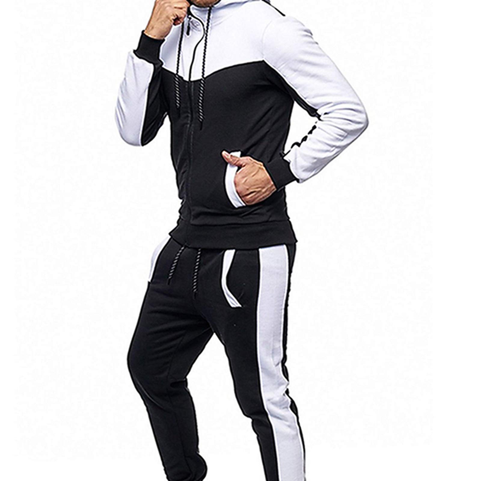 Mens Sweatsuits 2 Piece Hoodie Tracksuit Sets CasualColor Block Jogging Suits for Men (2-White Black, L)