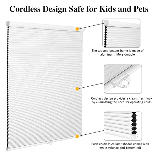 MaKefeile Blackout Cordless Cellular Shades 44" W x 64" H Honeycomb Pleated Shade Insulation Room Darkening Blinds for Home Bedroom Living Room Windows Easy to Install White