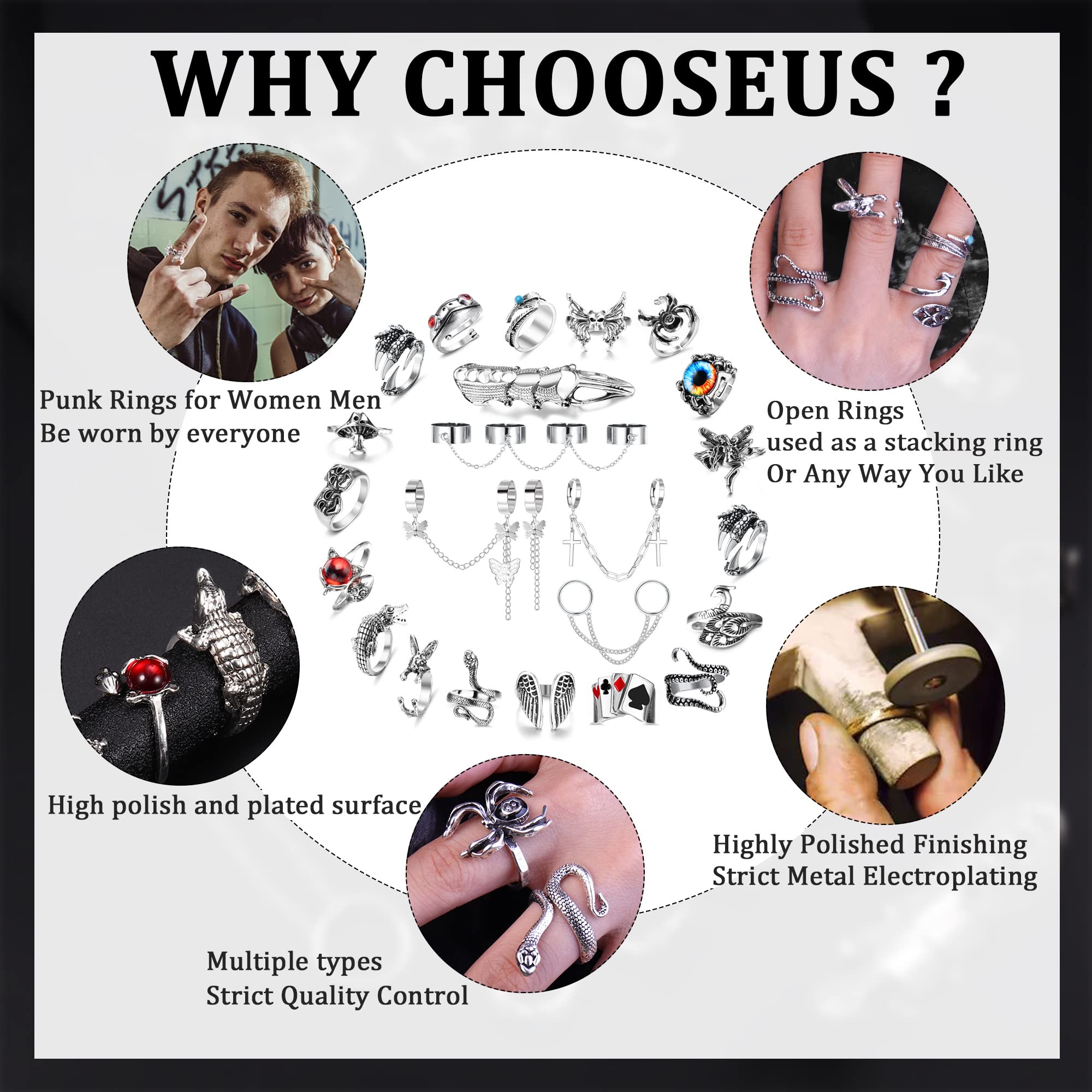 Sanfenly Goth Punk Rings for Men Women, Vintage Cool Punk Chain Rings Gothic Full Finger Ring Statement Stackable Skull Snake Butterfly Cross Eboy Emo Aesthetic Rings Set