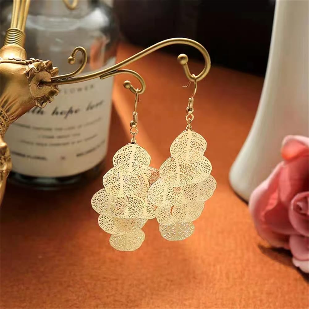 Rofeego 18k Gold Plated Layered Circle Leaf Chandelier Dangle Drop Earrings –Boho Lightweight Filigree Earring