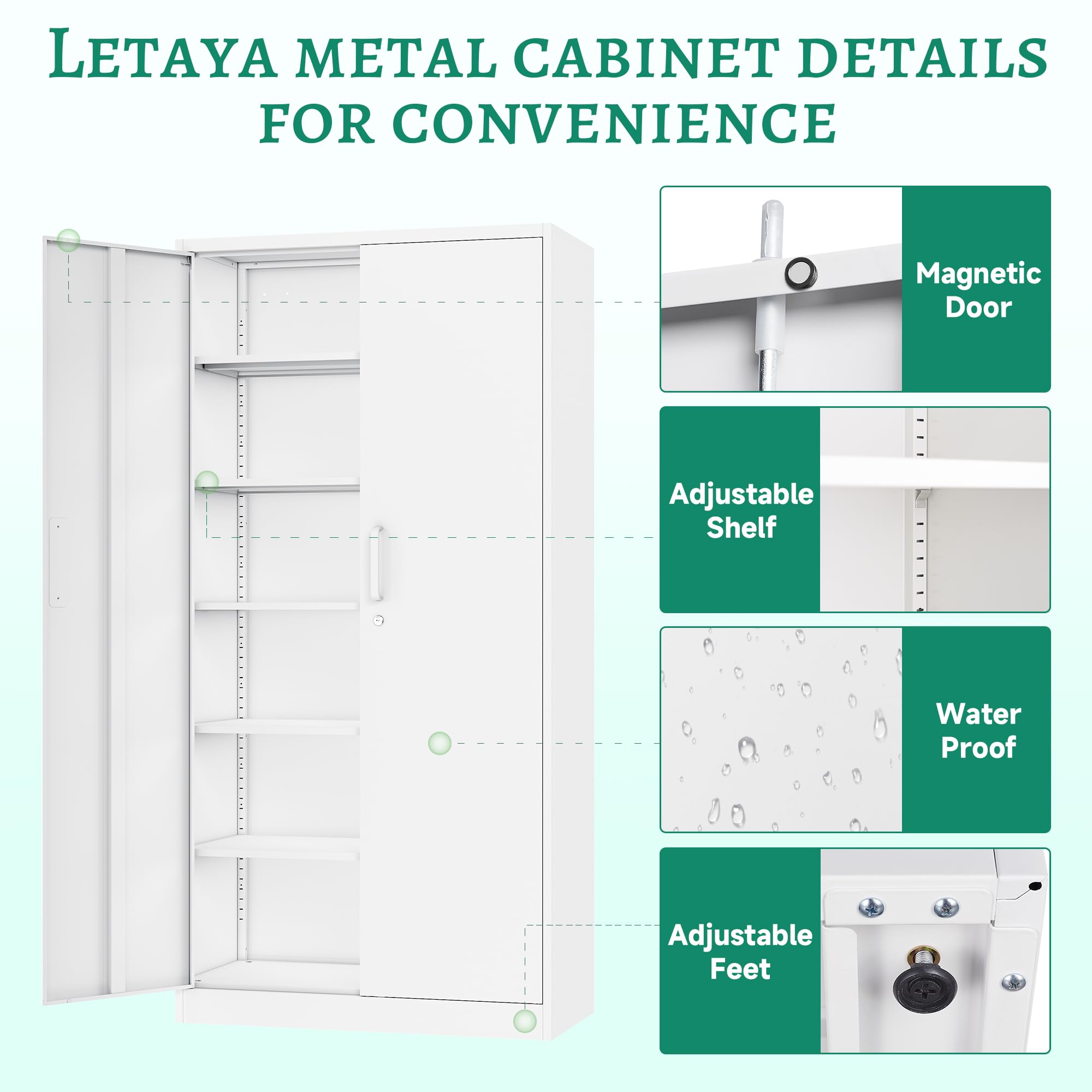 Letaya Metal Storage Cabinets with Lock Door,Steel Locker Garage Cabinets 5 Adjustable Shelves for Home,Office, Warehouse(White)