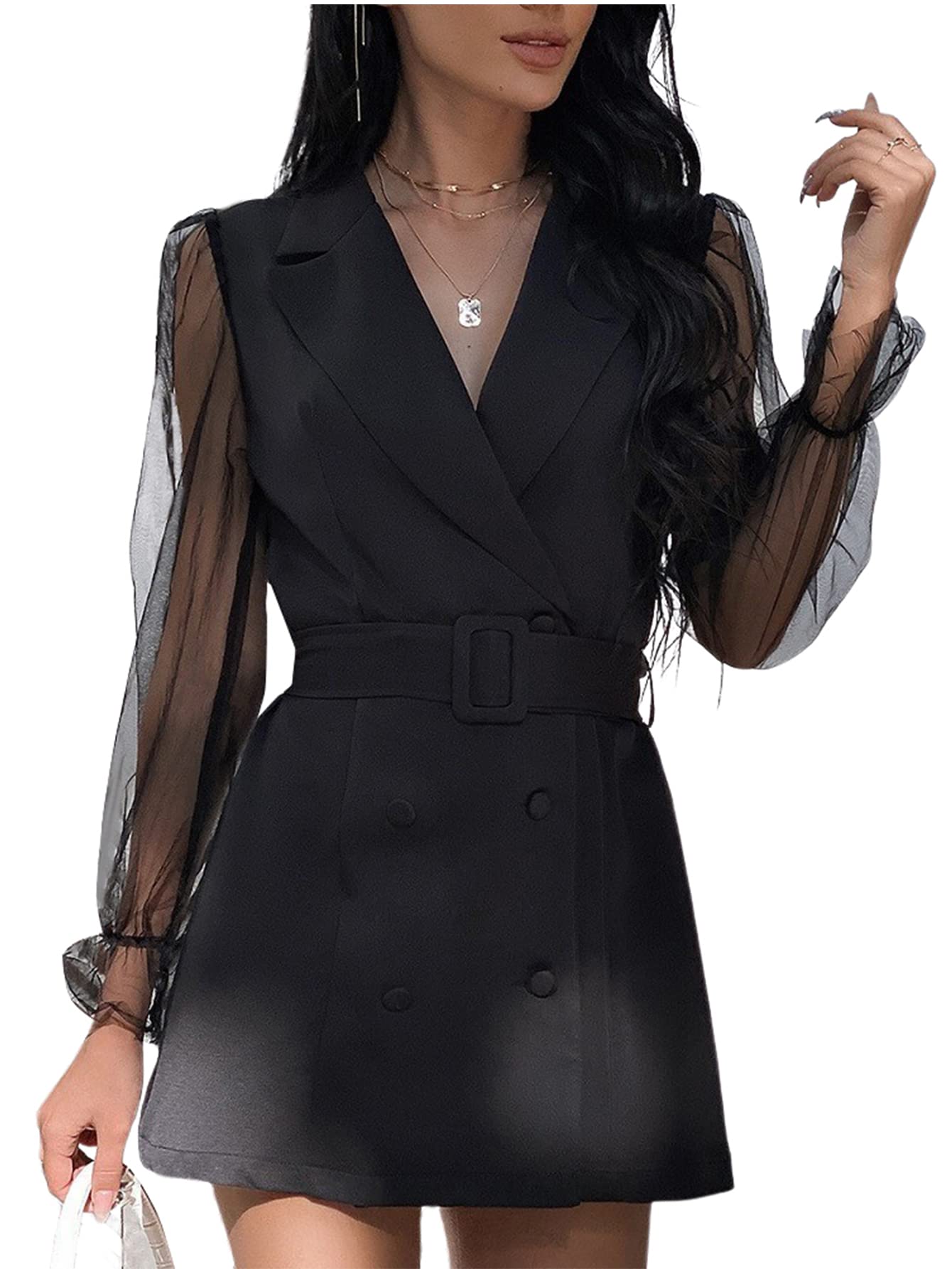 LYANER Women's Elegant Collar V Neck Lace Long Sleeve Blazer Mini dress with Belt Pure Black Small