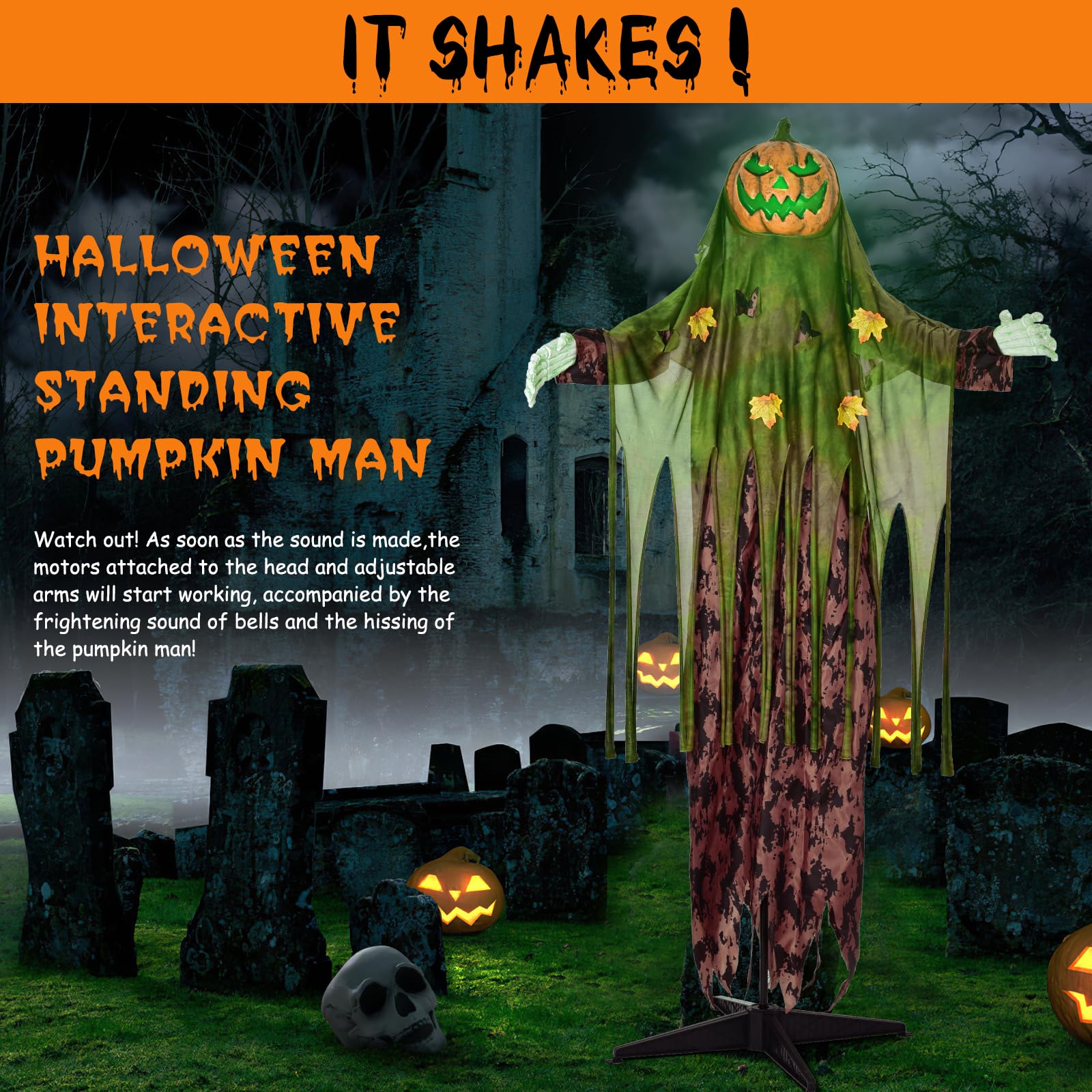 Presence Halloween Standing Pumpkin Man with Lights& Sounds, Outdoor Indoor Pumpkin Clearance Spooky Jack O' Lantern Props Decor Lawn Backyard Garden