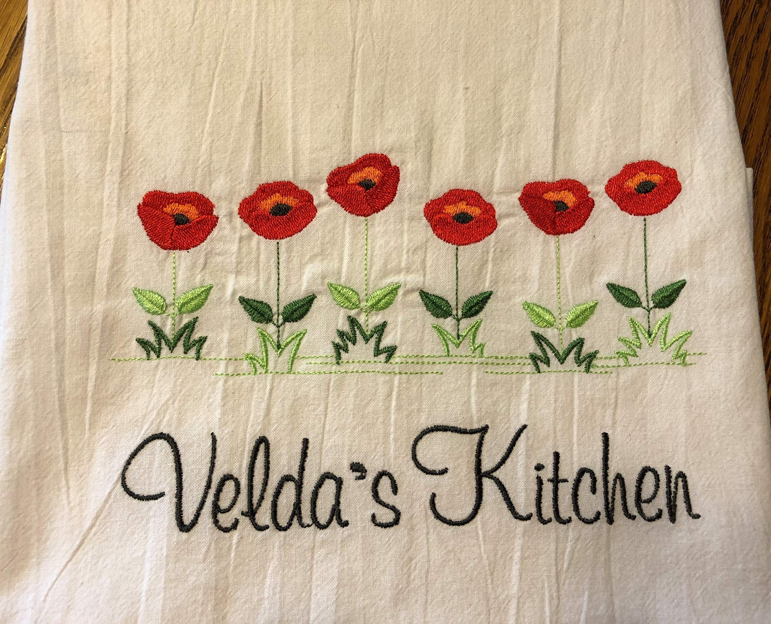 Personalized embroidered tea towel, poppy border, flour sack dish towel, bridal shower or weddinggift under 20