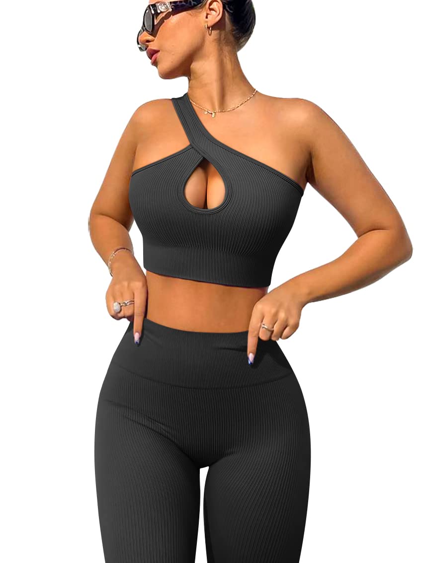 OQQ Women's 2 Piece Workout Outfits Ribbed Seamless High Waist Leggings with One Shoulder Crop Tops Exercise Set Black