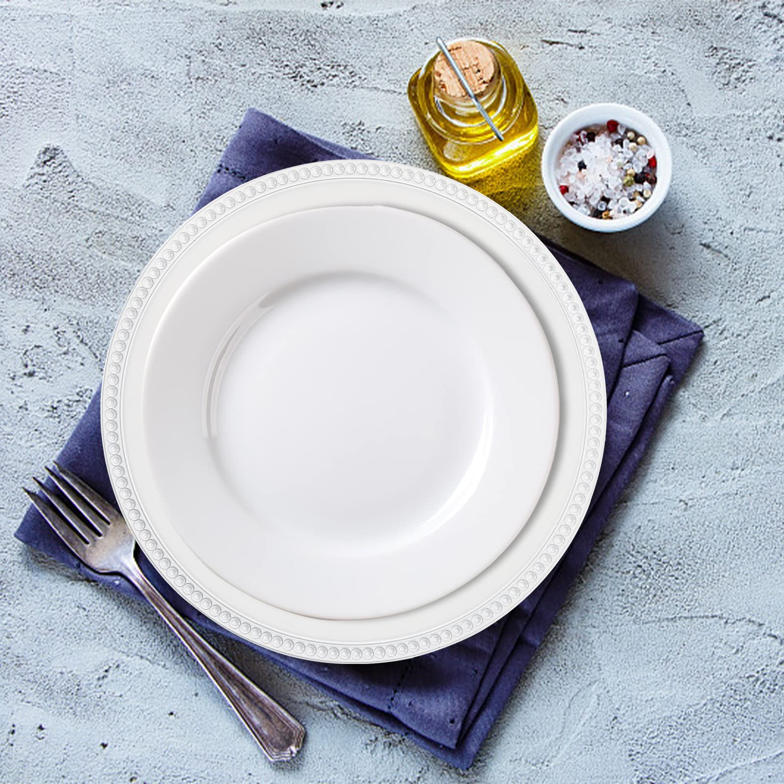 Okllen 12 Pack Plastic Round Charger Plates, 13" Dinner Chargers Decorative Plates with Beaded Rim, Embossed Charger Serving Plates for Wedding, Catering Event, Tabletop Decor, White