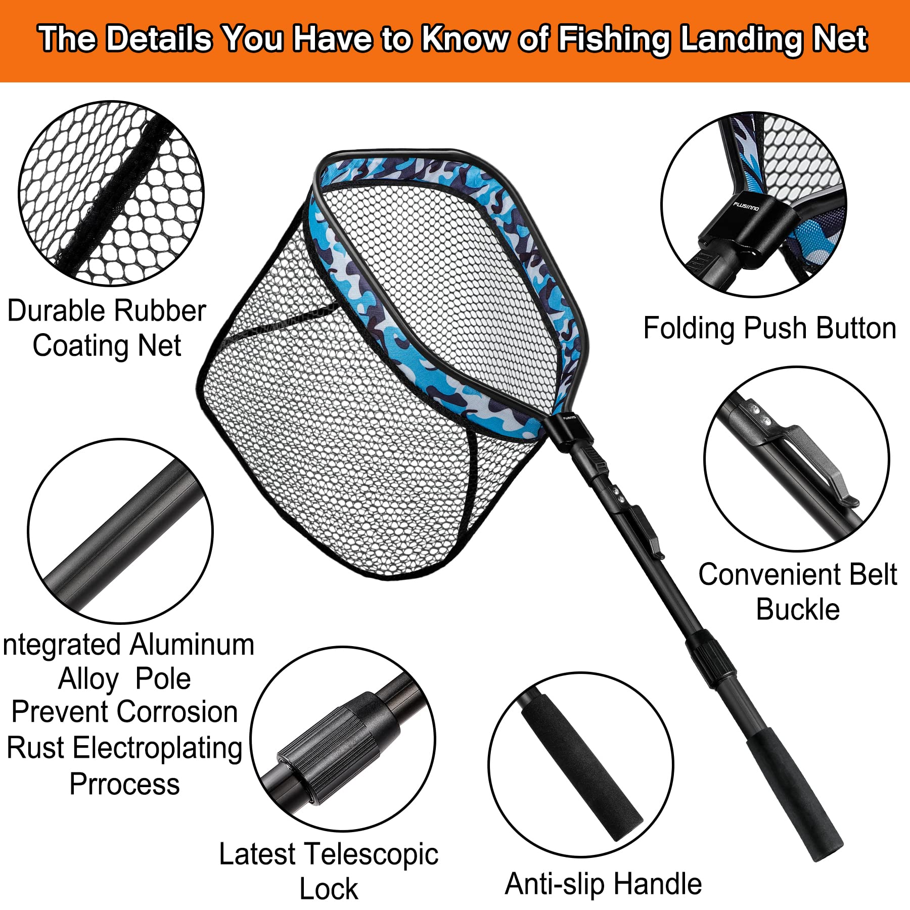 PLUSINNO Floating Fishing Net for Steelhead, Salmon, Fly, Kayak, Catfish, Bass, Trout Fishing, Rubber Coated Landing Net for Easy Catch & Release, Compact & Foldable for Easy Transportation & Storage