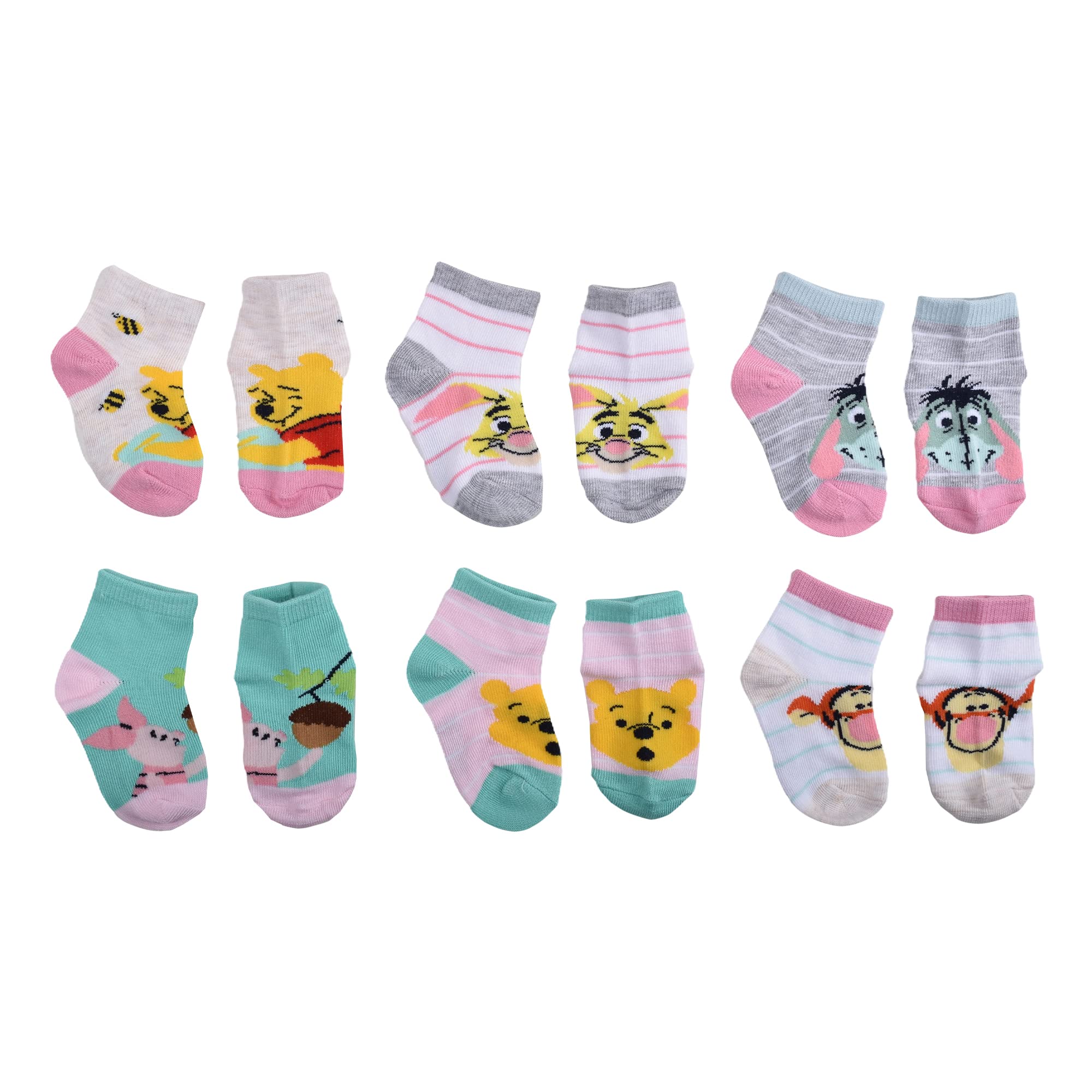 Winnie the Pooh Baby Girl's 6-Pack Quarter Socks, Ivory Heather, 12-24 Months