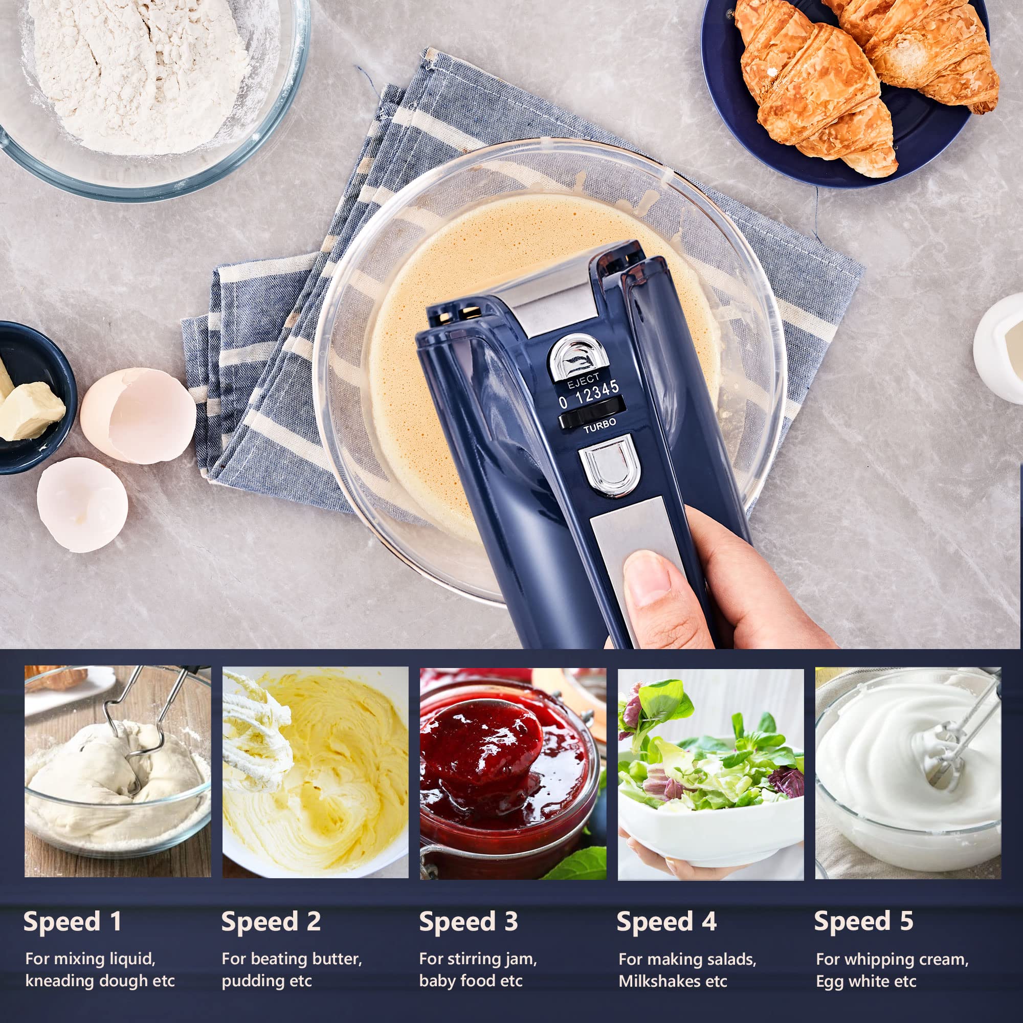 REDMOND Hand Mixer Electric, 250W Power 5-Speed Handheld Mixer, Includes Stainless Steel Beaters and Dough Hooks with Turbo, Easy Eject Button (Navy Blue)