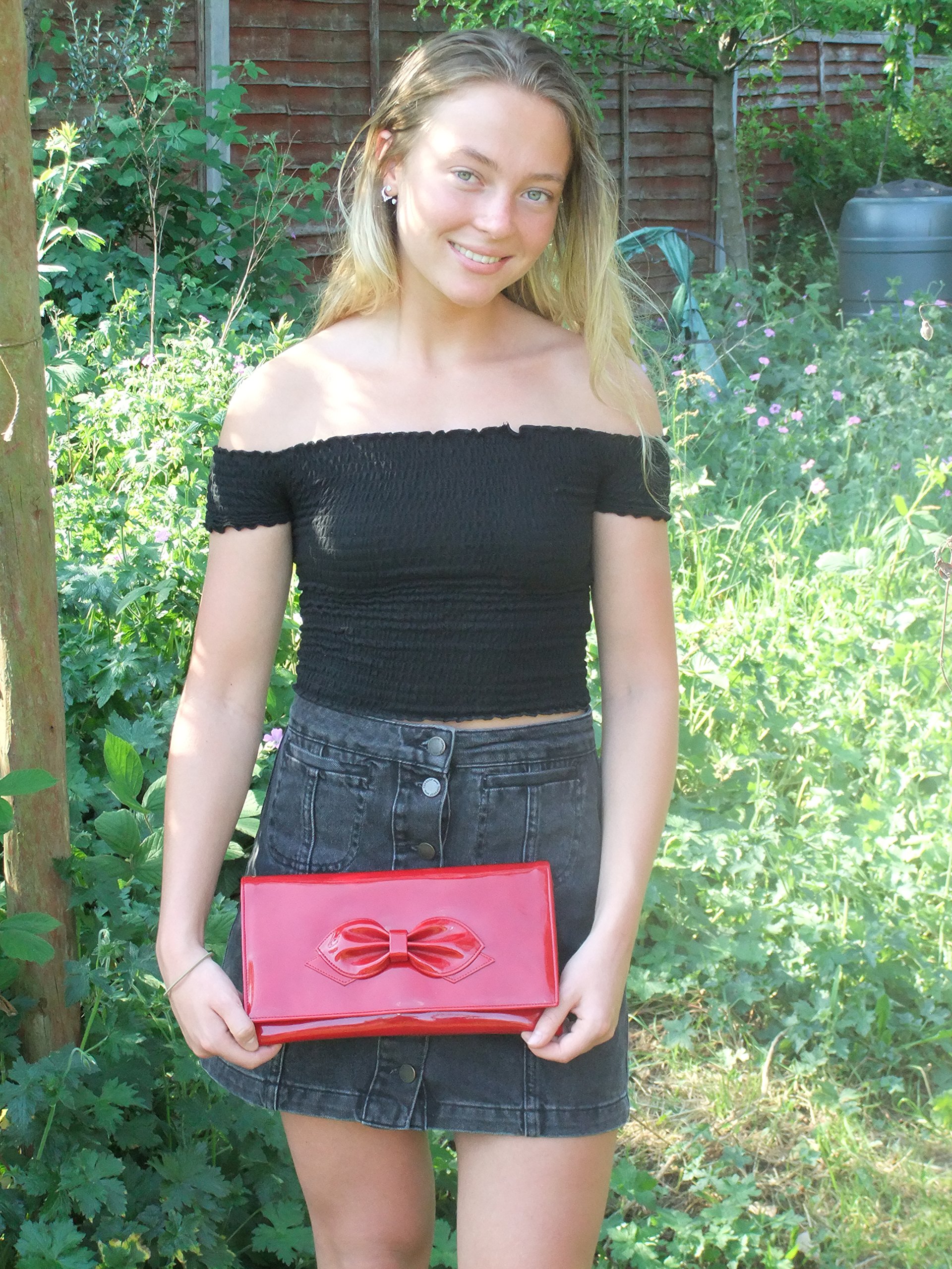 LONI Womens Gorgeous Faux Patent Bow Clutch/Shoulder Bag Wedding Prom Bag Medium Size in hot fuschia pink