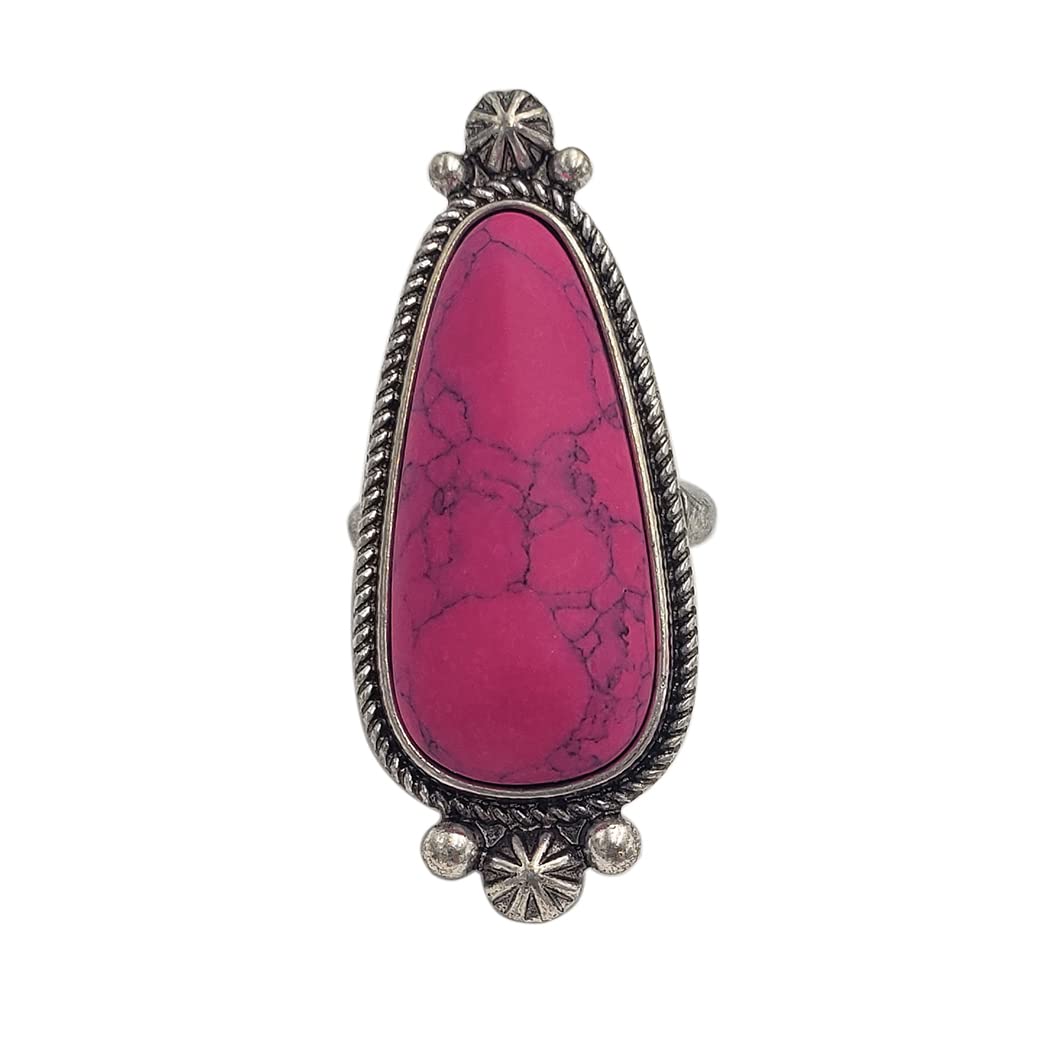Rosemarie & Jubalee Women's Colorful Western Style Semi Precious Howlite Stone Silver Tone Squash Blossom Frame Adjustable Stretch Ring, 2" (Fuchsia Pink Stone)