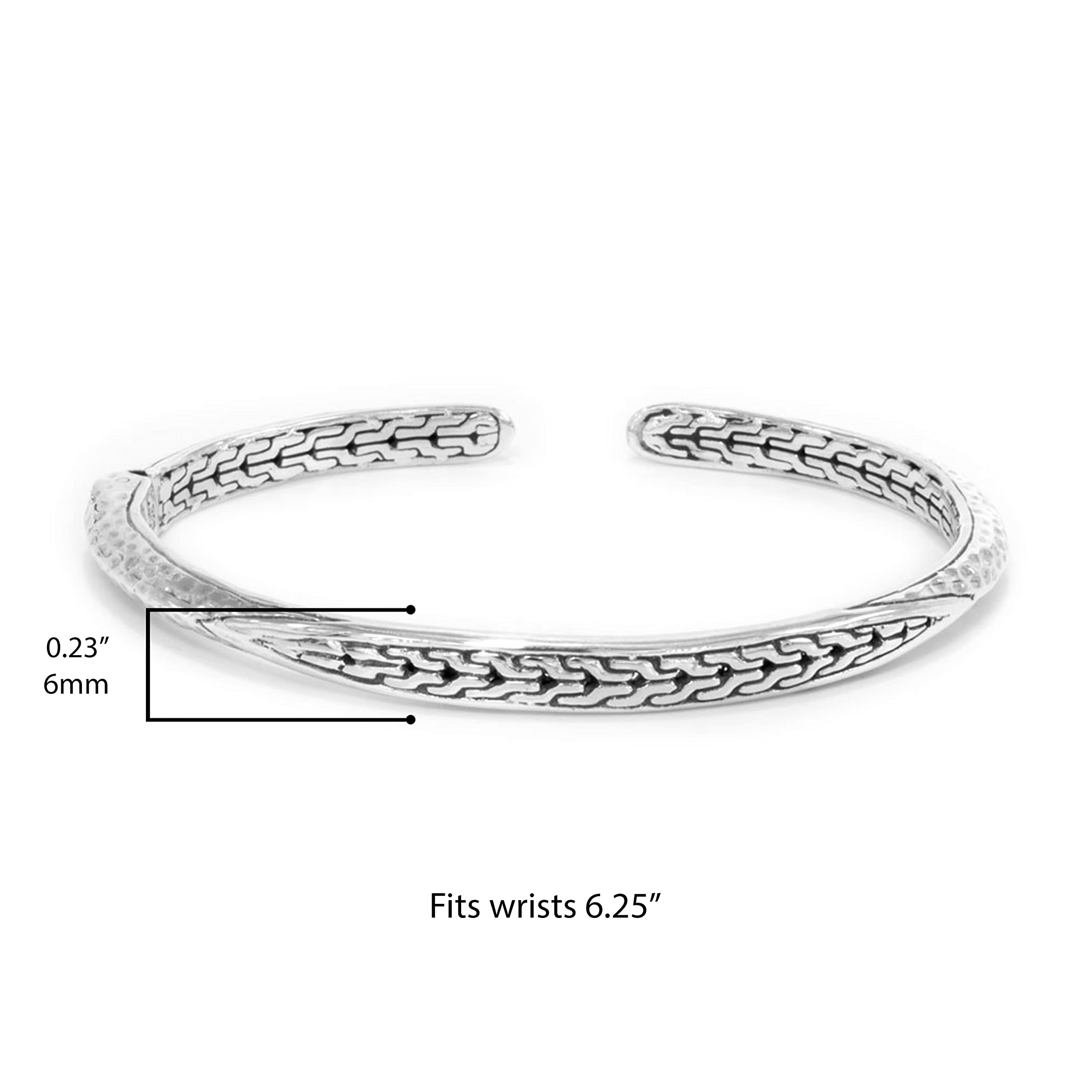 Sarda - .925 Sterling Silver Chain Link & Hammered Open Oval Hinged Bangle Bracelet 6-1/4" - Handmade by Bali Artisans - Fits Wrist Sizes 5-3/4" - 6-3/4"