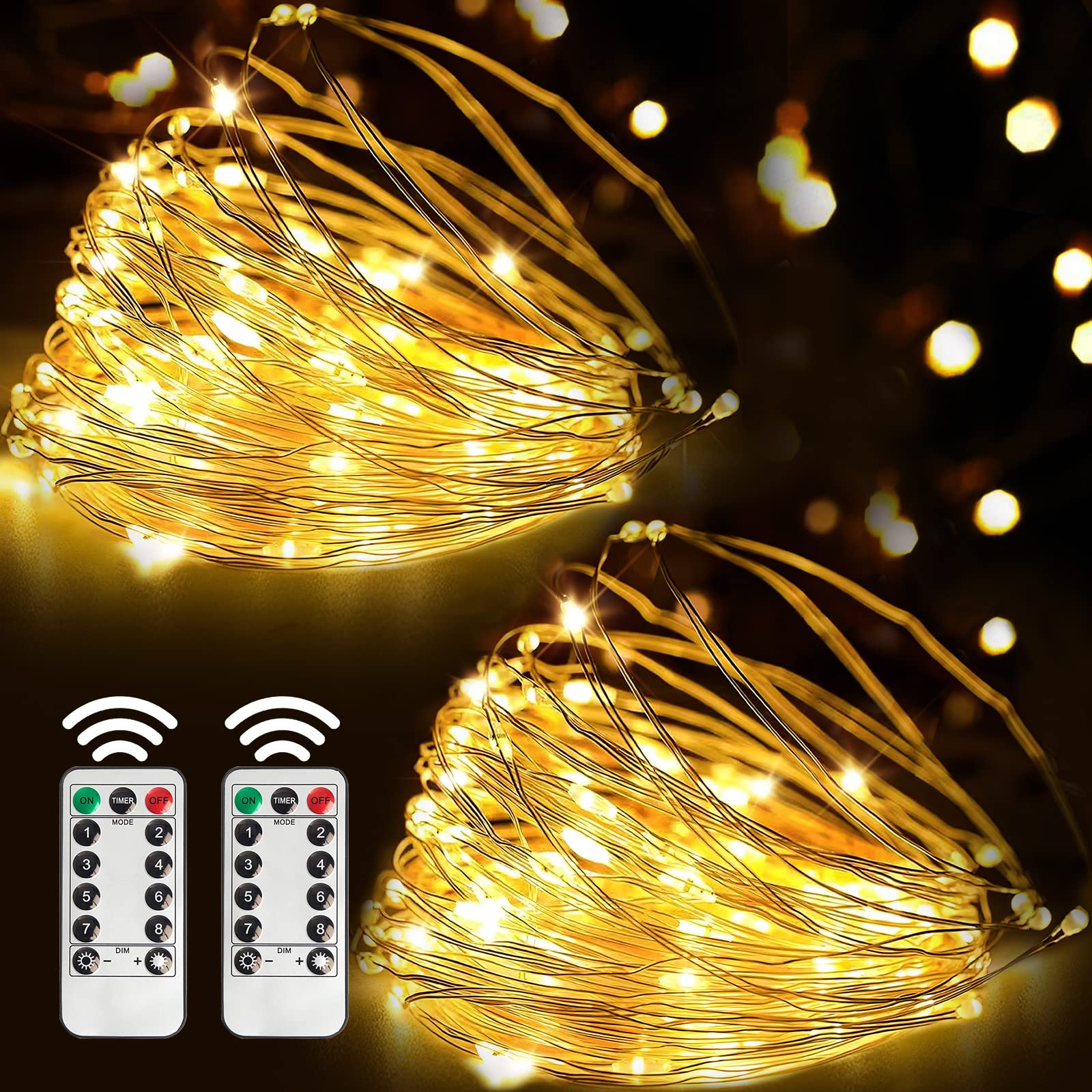 LightsEtc 2 Packs 33 Feet/Pack Fairy Lights Battery Operated, 100 Led Fairy Lights with Remote Timer Control, Waterproof Copper Wire String Twinkle Lights for Bedroom Wedding Indoor Outdoor Decoratio
