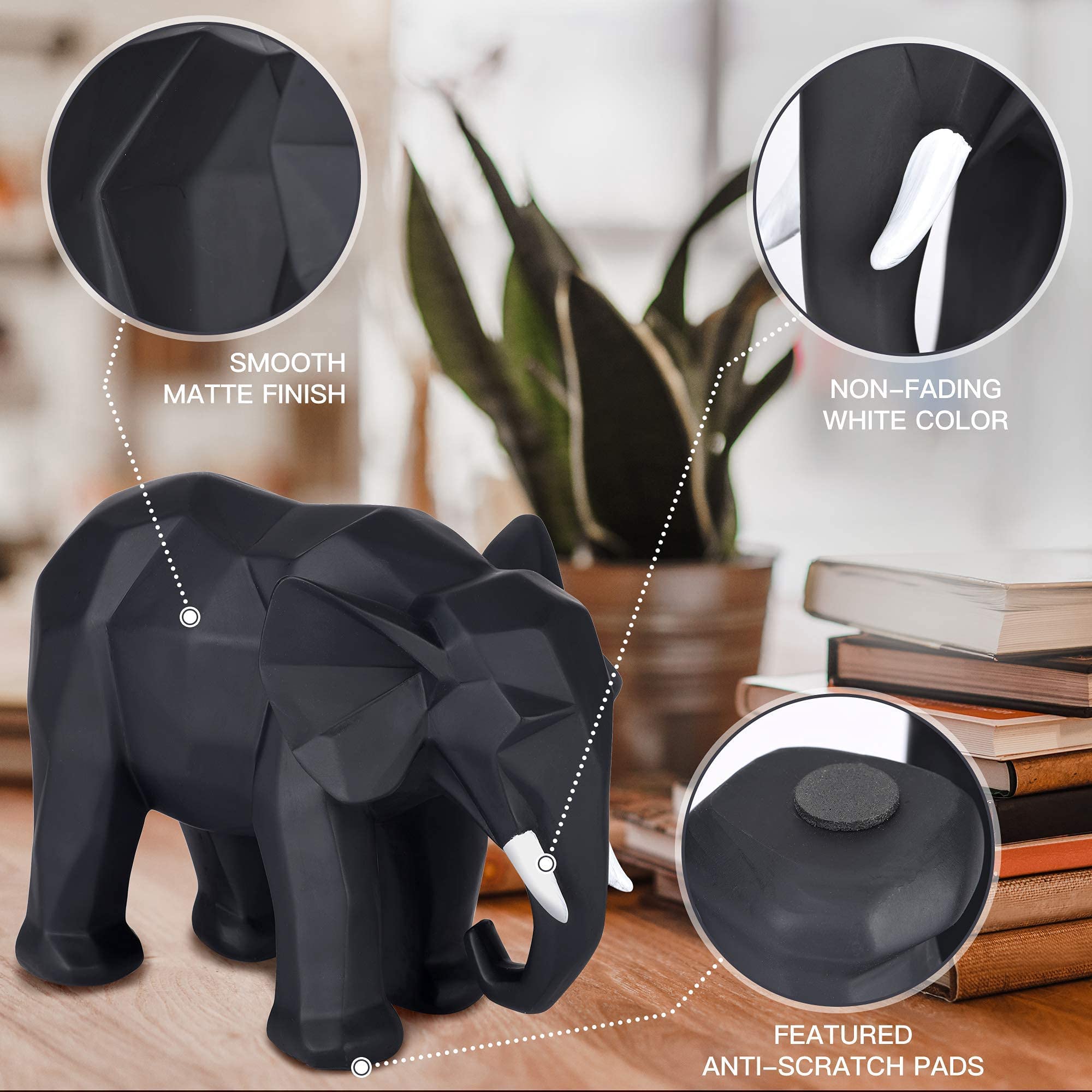 maashu Home Décor Elephant Statue, Interior Design Modern Figurine, Black Geometric Boho Chic Hand Sculpture, Large Good Luck Feng Shui Outdoor Garden Animal, Smooth Texture with Matte Finish