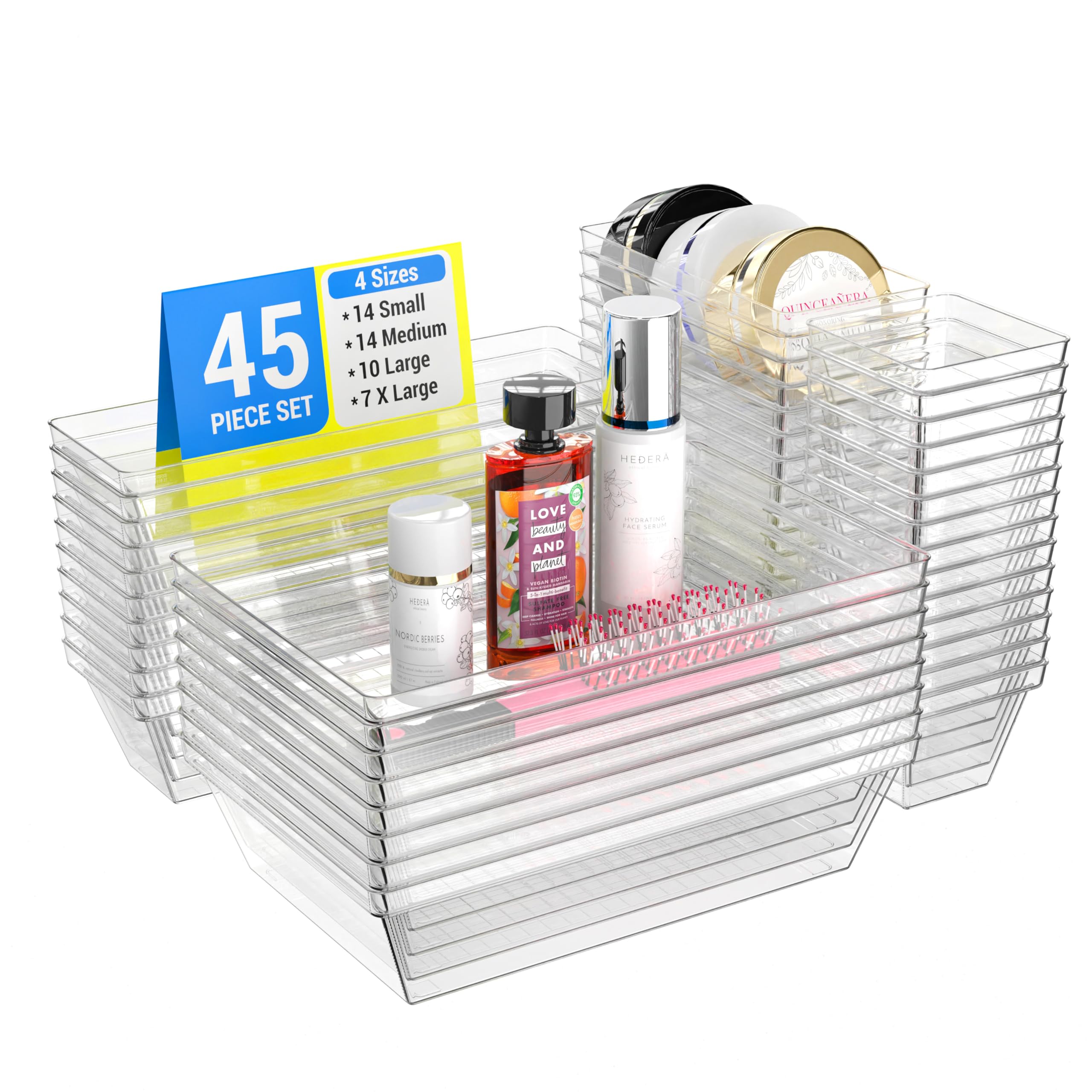 YAN & HIN Set of 45 Stackable Non-Slip Acrylic Organizers for Organization and Storage -4 Sizes Cabinet Organizer for Makeup Tray, Kitchen Drawer Organizer, and Desk Drawer Organizer