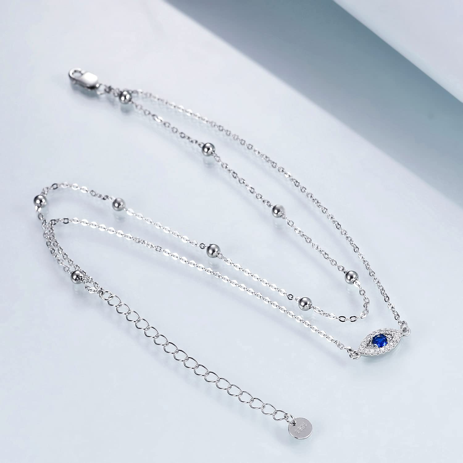 POPLYKE 925 Sterling Silver Evil Eye Anklets Double Layered chain for Women birthday gifts Summer Beach dainty Jewellery