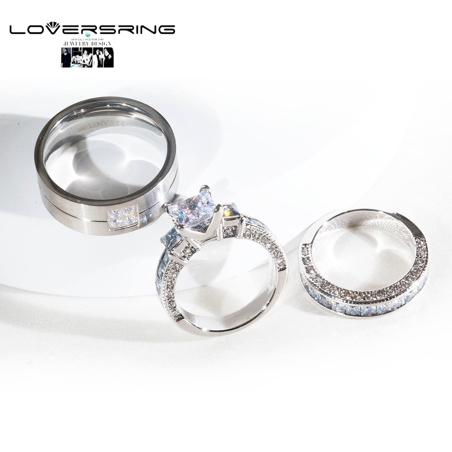 LOVERSRING Couple Ring Bridal Set His Hers White Gold Plated CZ Stainless Steel Wedding Ring Band Set