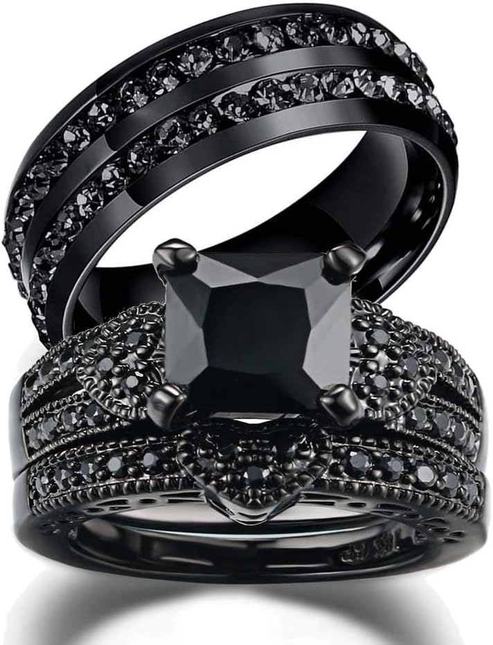 LOVERSRING Couple Ring Bridal Set His Hers Black Stainless Steel 10k Black Wedding Ring Band Set