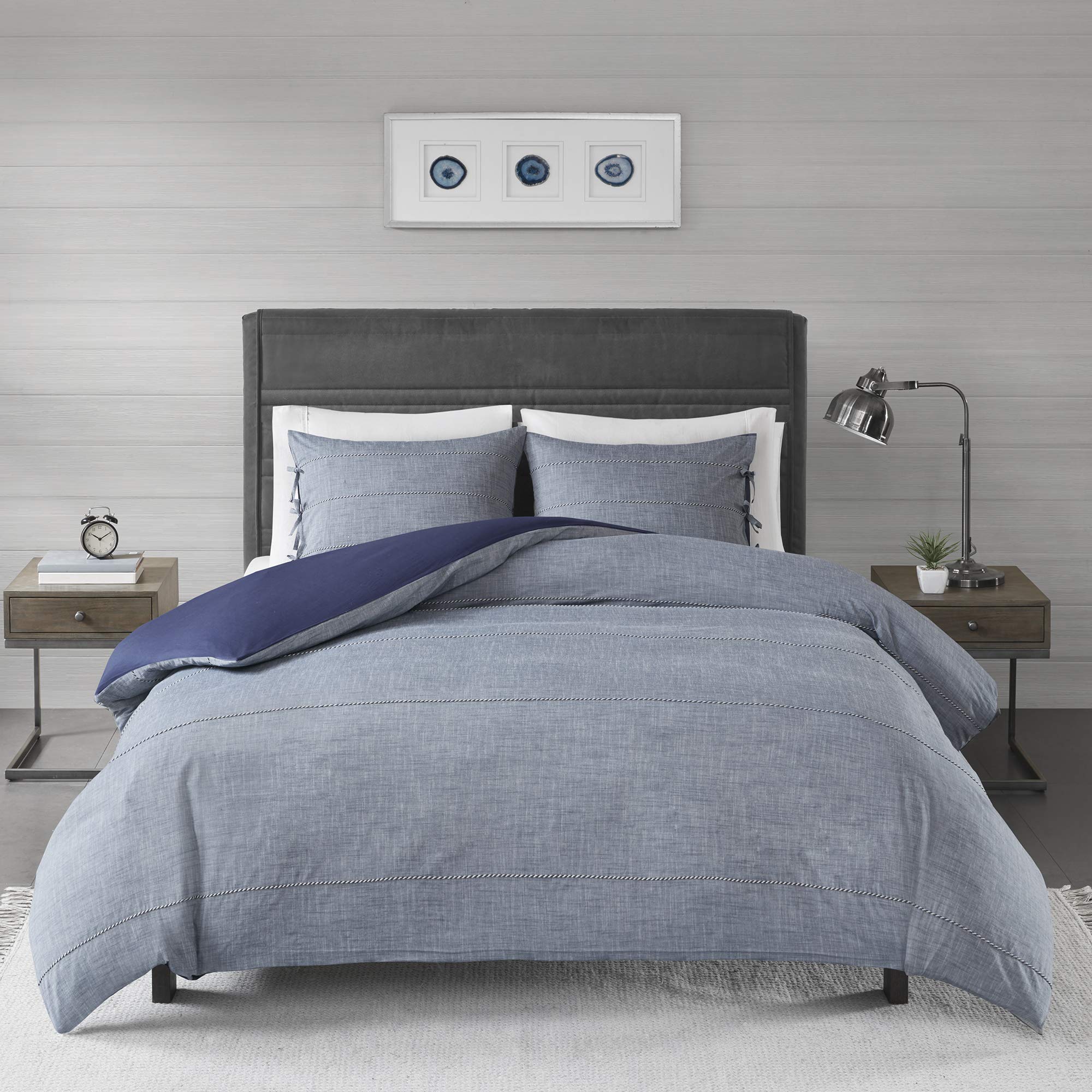 Madison Park Raven 3 Piece Cotton Yarn Dye Duvet Cover Bedding Set, Full/Queen Size, Denim Blue