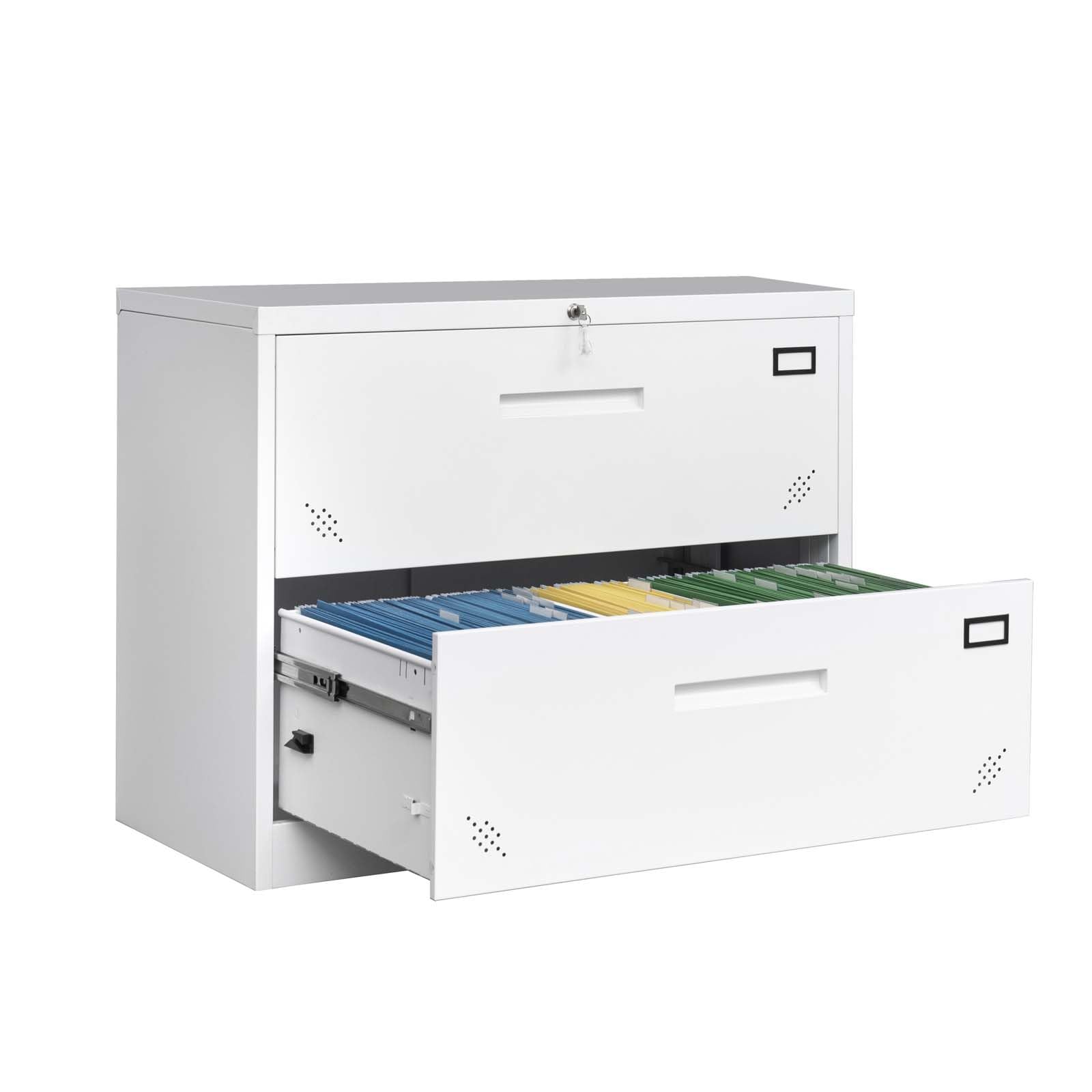 Lateral File Cabinet with Lock, 2 Drawer Large Metal Filing Cabinet, Home Office Lockable Storage Cabinet for Hanging Files Letter/Legal/A4 Size, Large Deep Drawers-Assembly Required (White)