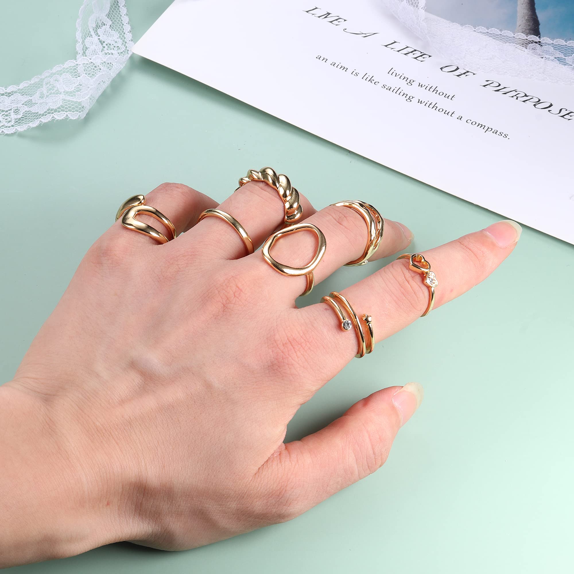 ORAZIO 12PCS Adjustable Rings for Women Gold Plated Chunky Rings Snake Croissant Stackable Adjustable Open Rings Statement Band Rings Jewelry Set