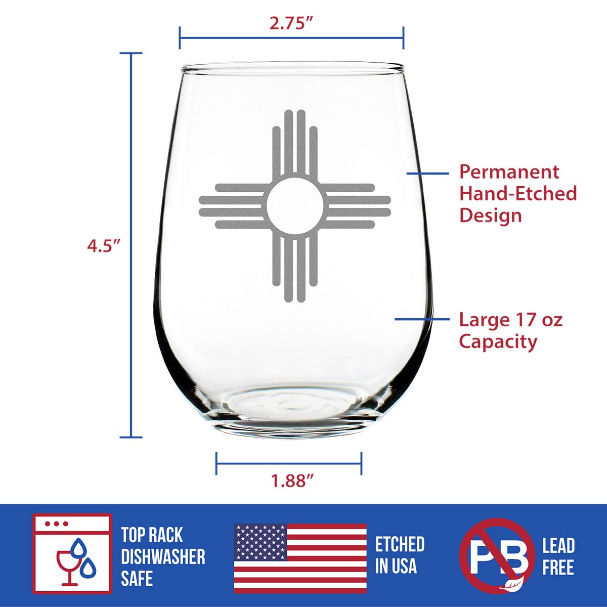 New Mexico Flag Stemless Wine Glass - State Themed Drinking Decor and Gifts for New Mexican Women & Men - Large 17 Oz Glasses