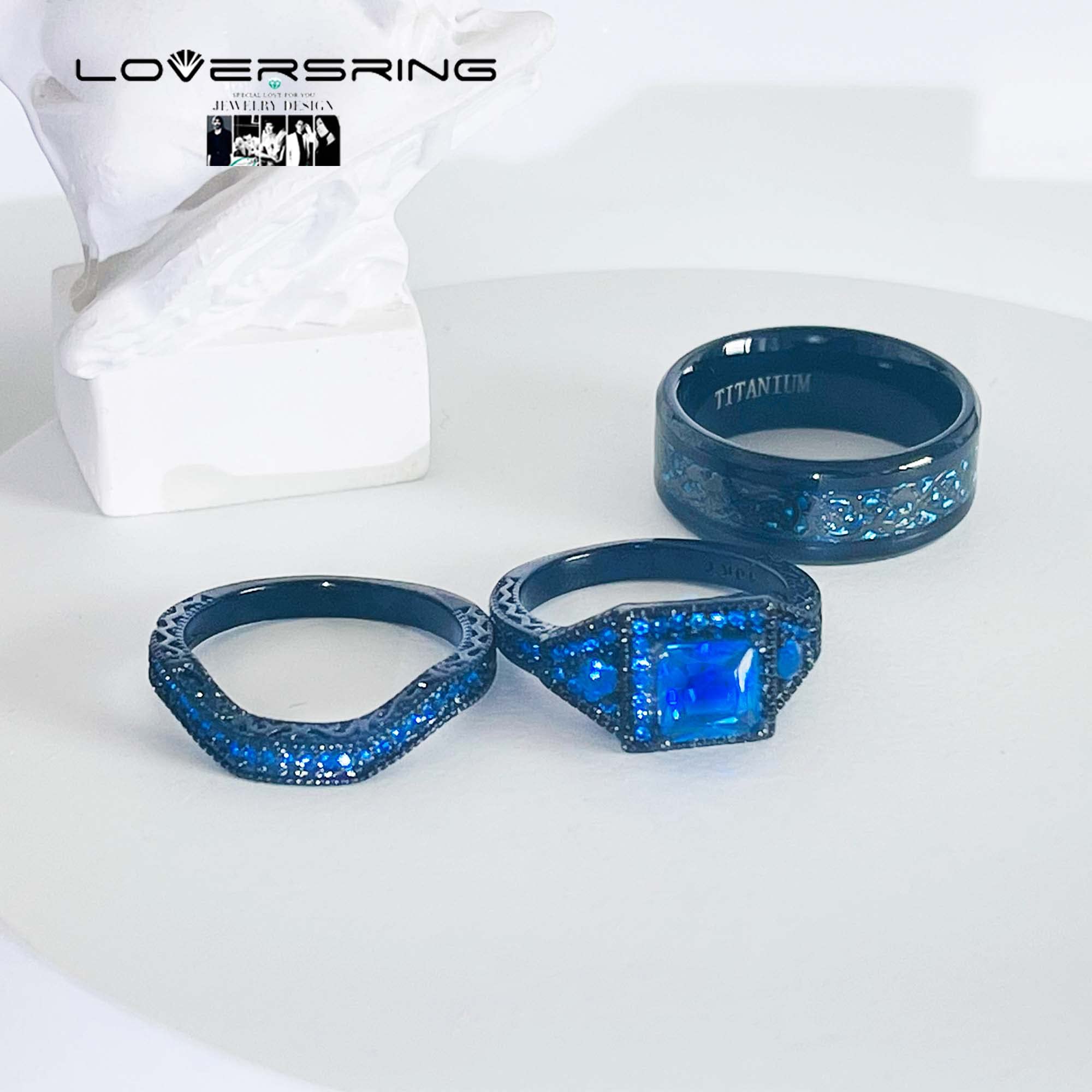 LOVERSRING Couple Ring Bridal Set His Hers Black Gold Filled Blue Cz Stainless Steel 10k Wedding Ring Band