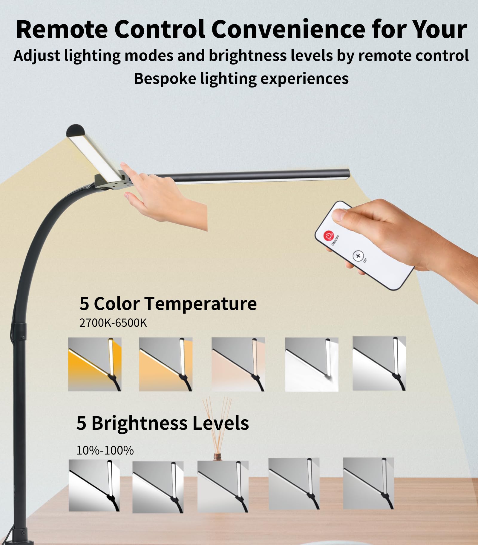 MYUANGO LED Desk Lamp for Home Office- 5 Color Temperatures and Stepless Dimming - Eye-Caring Table Lamp with Clamp- Flexible Gooseneck and Memory Function