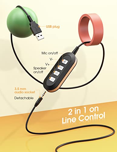 USB Headset with Microphone for PC, Adjustable Boom Mic, Inline Volume Control & Mute, Wired Cell Phone Headphones for Kids, 3.5mm Stereo Computer Headset for Home Office, Call Center, School